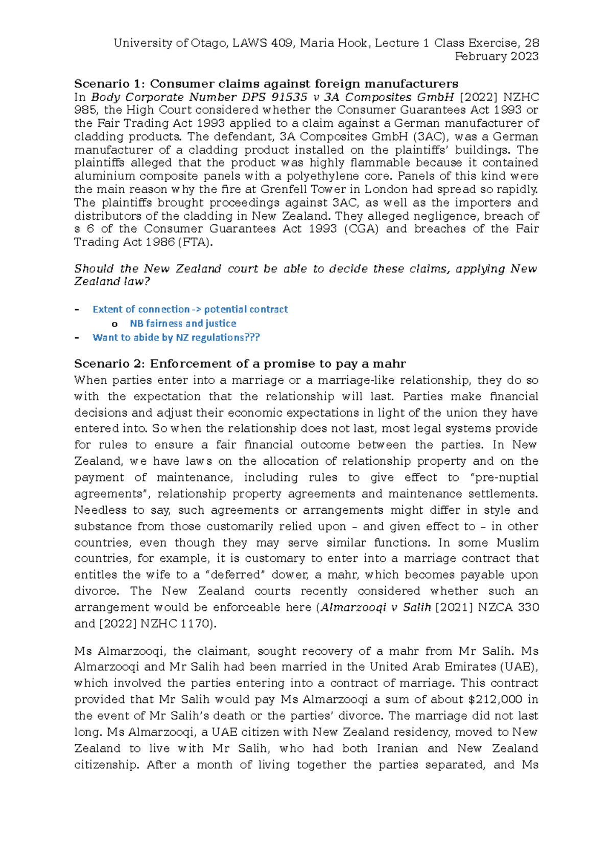 Class 1 Exercise(2) - University of Otago, LAWS 409, Maria Hook ...