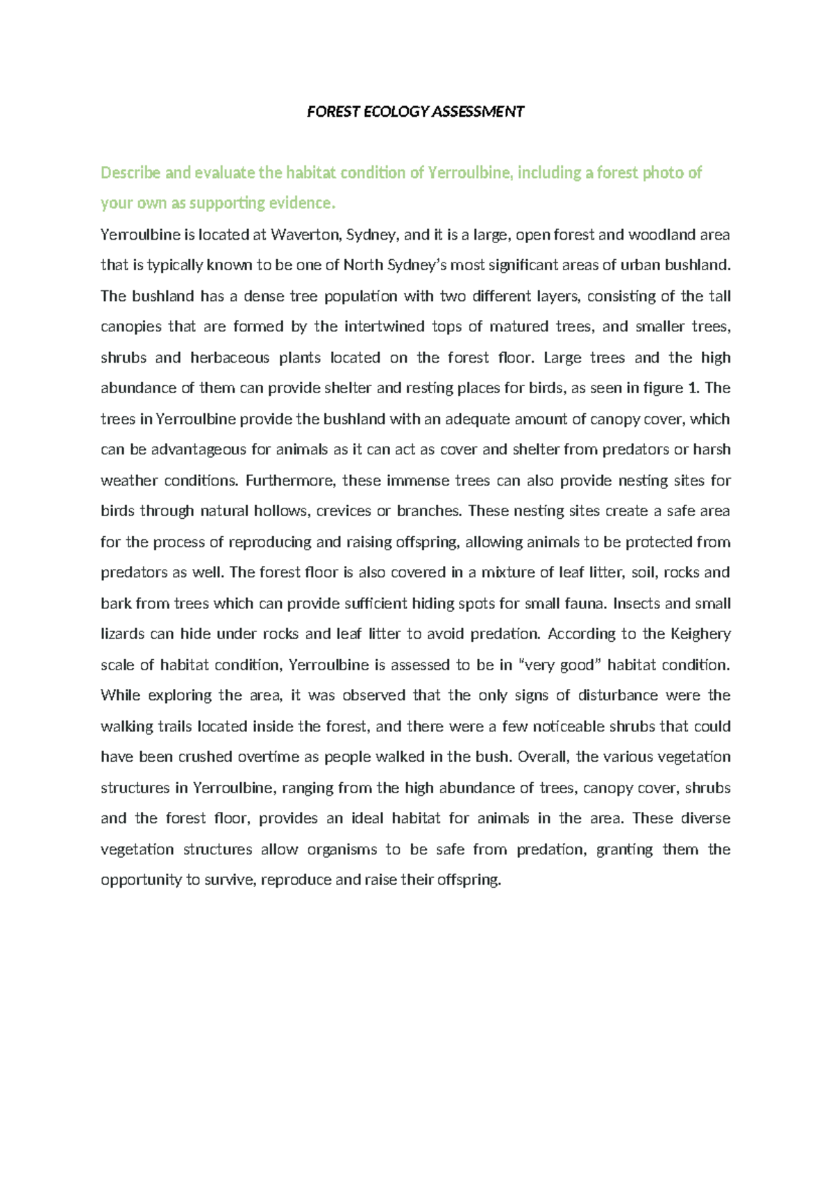 Forest Ecology Assignment - FOREST ECOLOGY ASSESSMENT Describe and evaluate the habitat ...