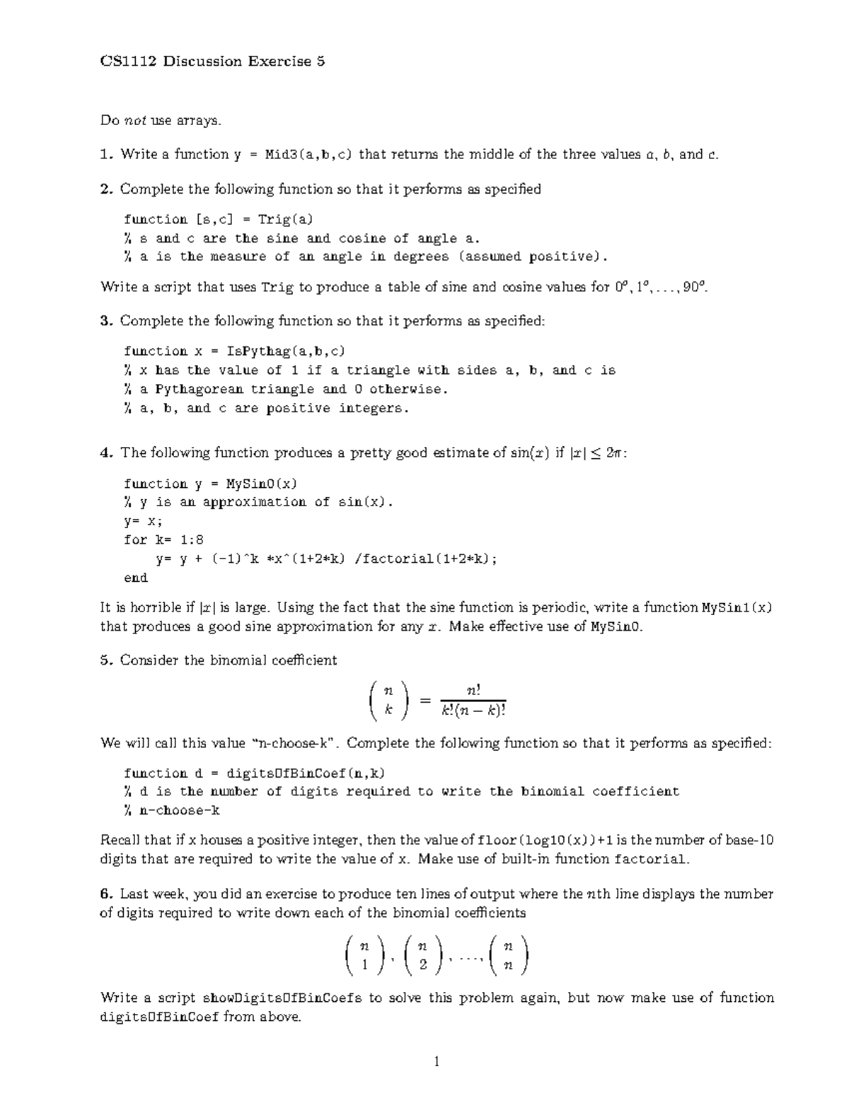 Sec5 Lab From Cs 1112 By Professor Daisy Fan During Fall 2014 Cs1112 Discussion Exercise 5
