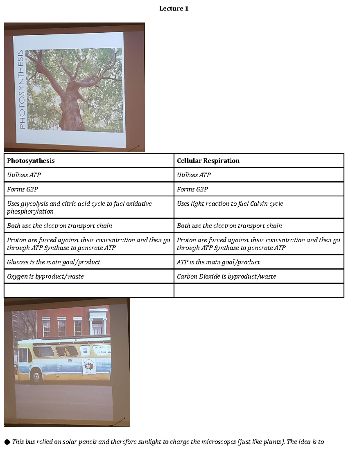 Bio Lectures 1-3 - Lecture 1 Photosynthesis Cellular Respiration ...