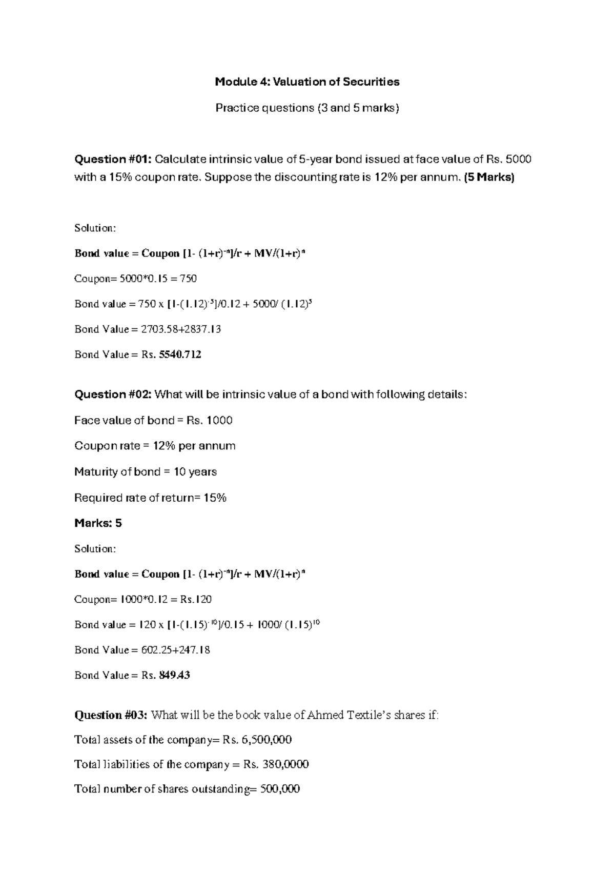 Solution-Module 4-practice questions - Module 4 : Valuation of ...