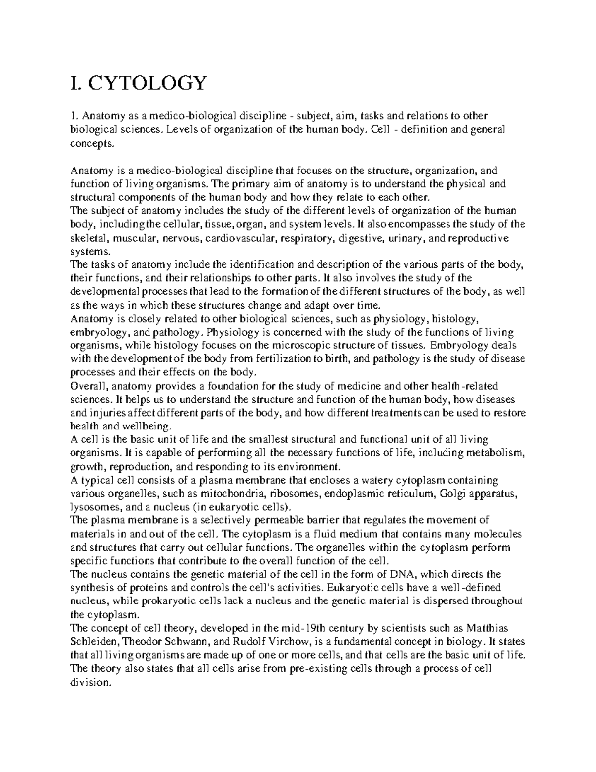 CGHE Essay merged - I. CYTOLOGY Anatomy as a medico-biological discipline - subject, aim, tasks ...