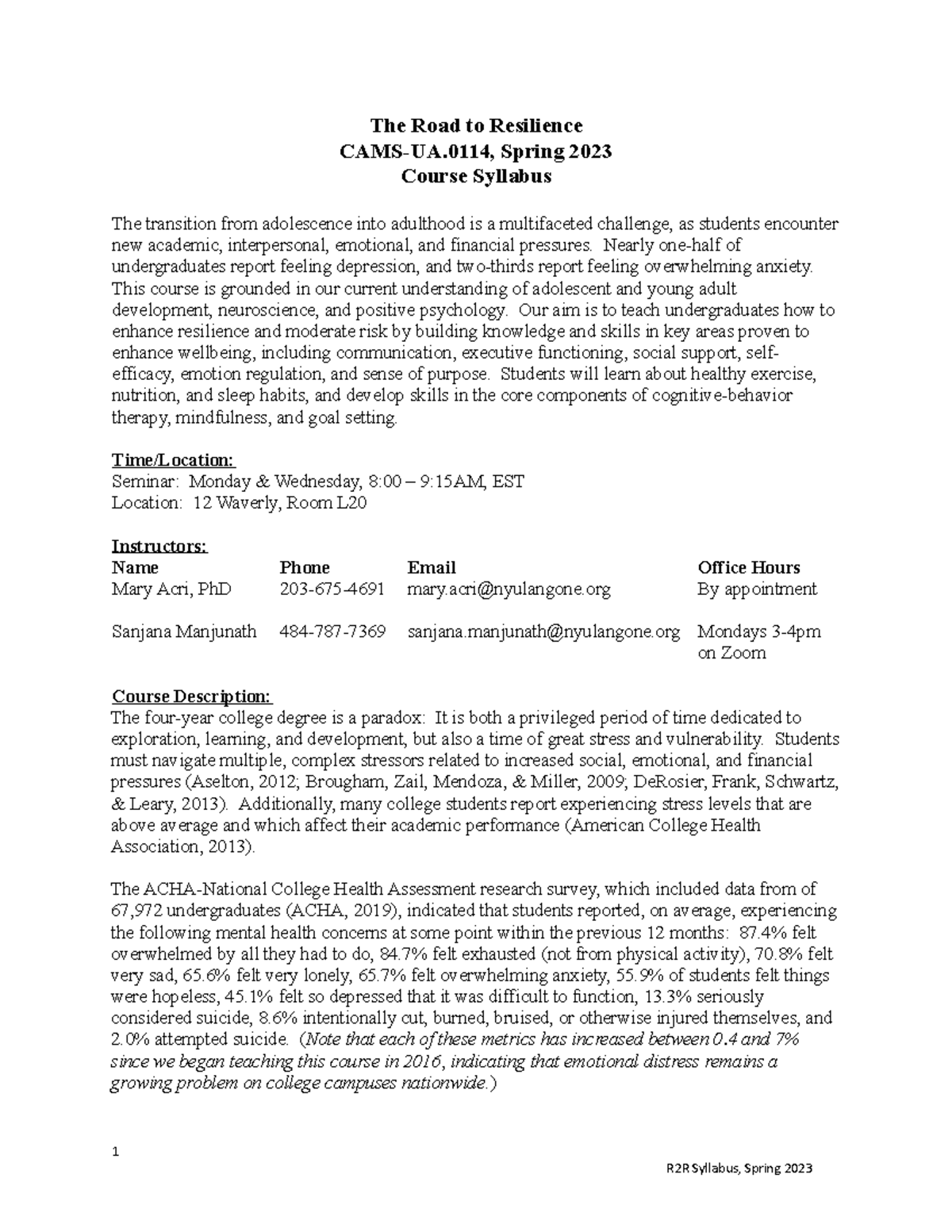 Acri R2R Syllabus Spring 2023 - The Road to Resilience CAMS-UA, Spring ...