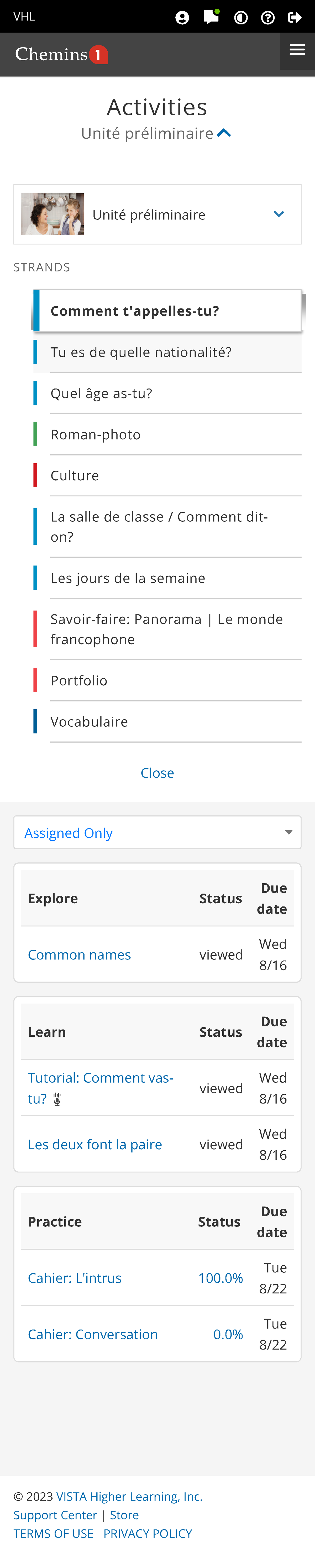 VHL Central Activities - STRANDS Close © 2023 VISTA Higher Learning ...