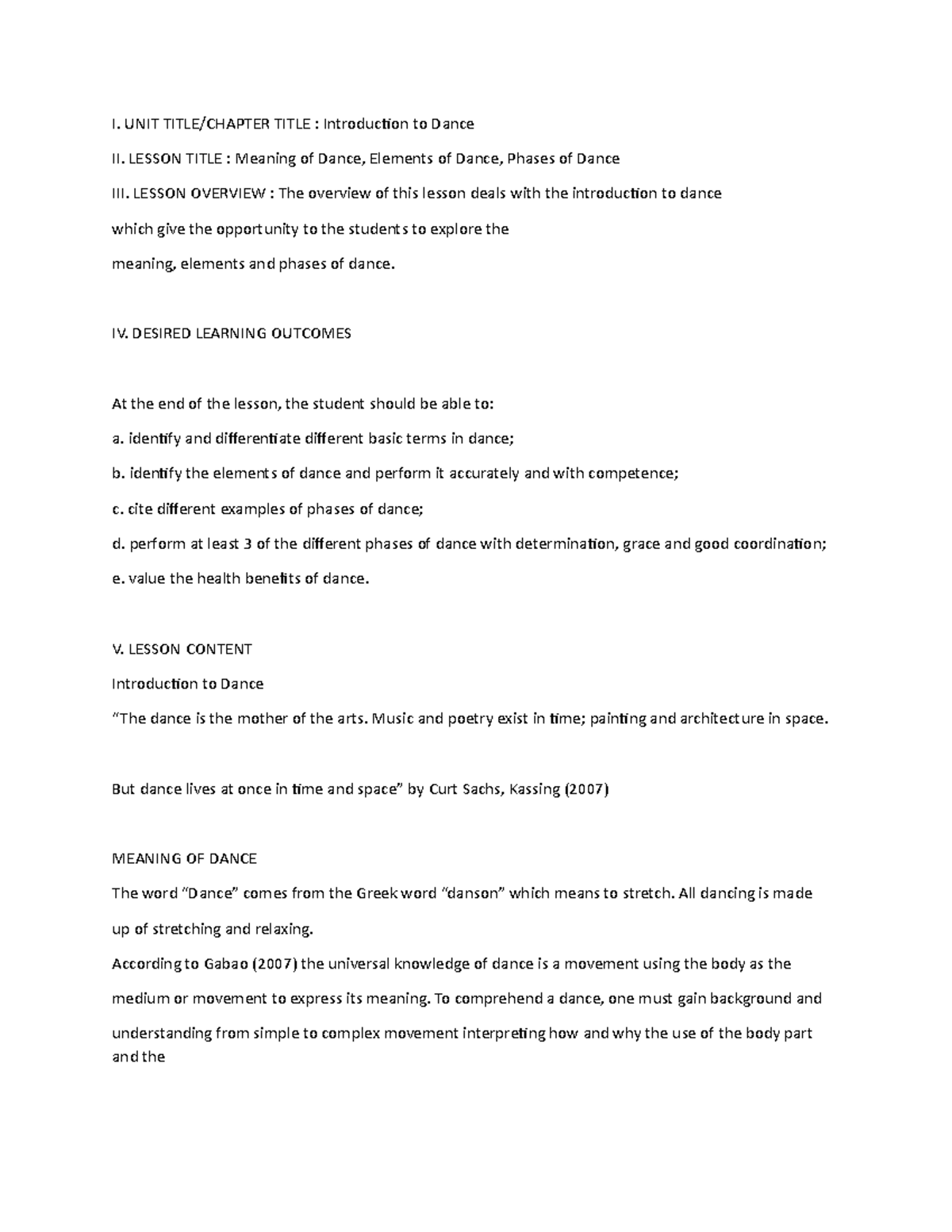 Dancing - I. UNIT TITLE/CHAPTER TITLE : Introduction to Dance II ...