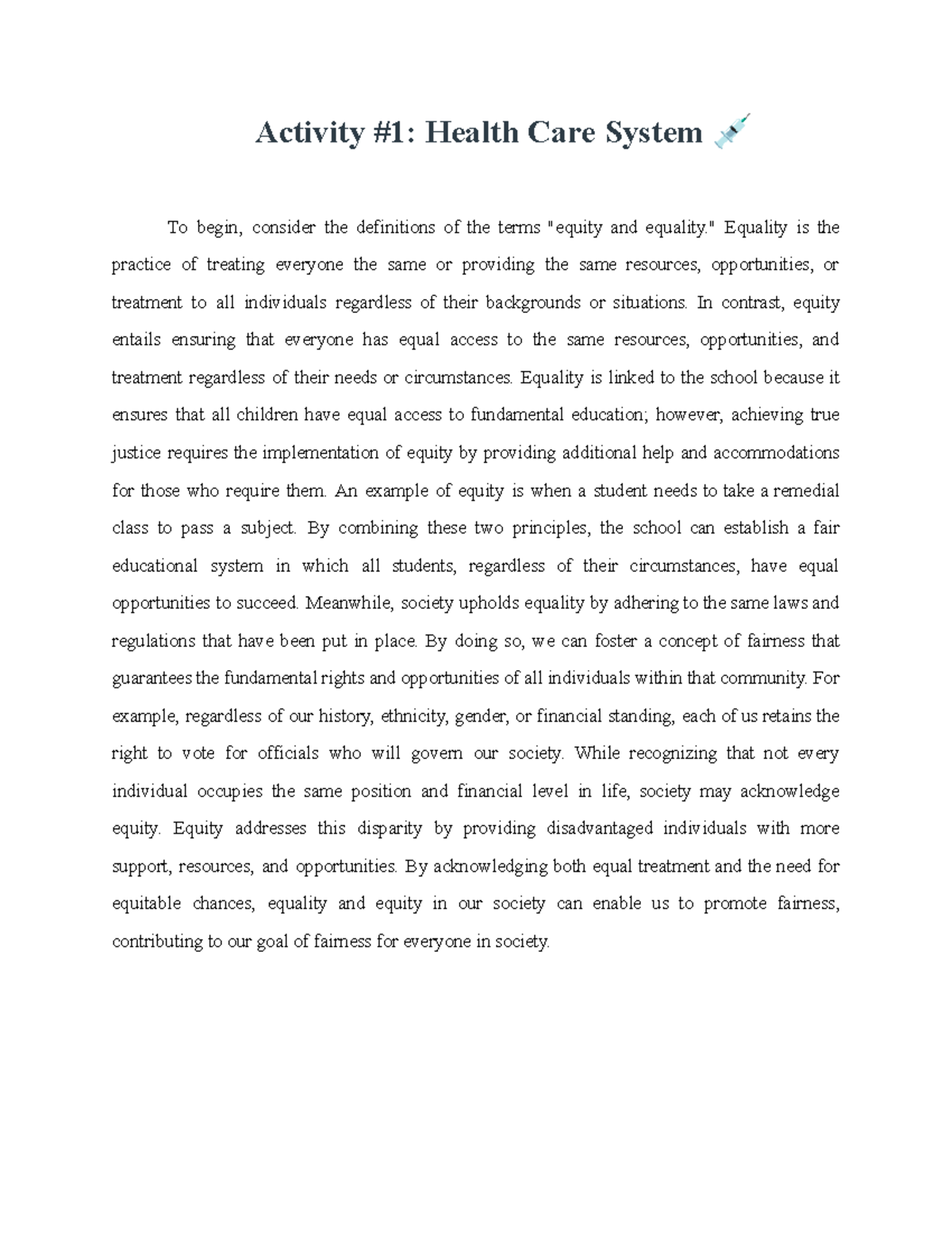 Activity #1 Health Care System 💉 - Activity #1: Health Care System 💉 To ...