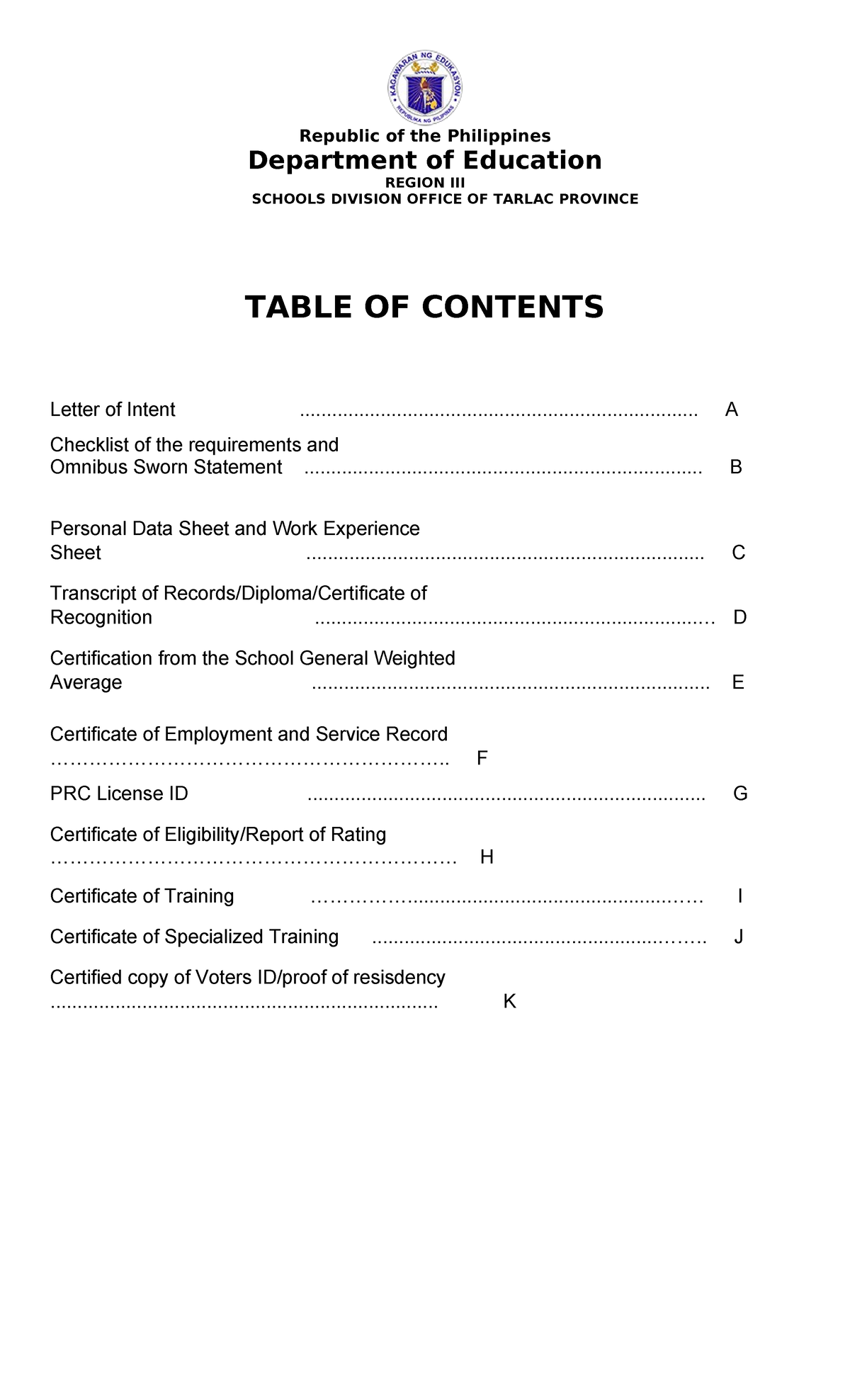 T2 SHS Table OF Contents - Republic of the Philippines Department of ...
