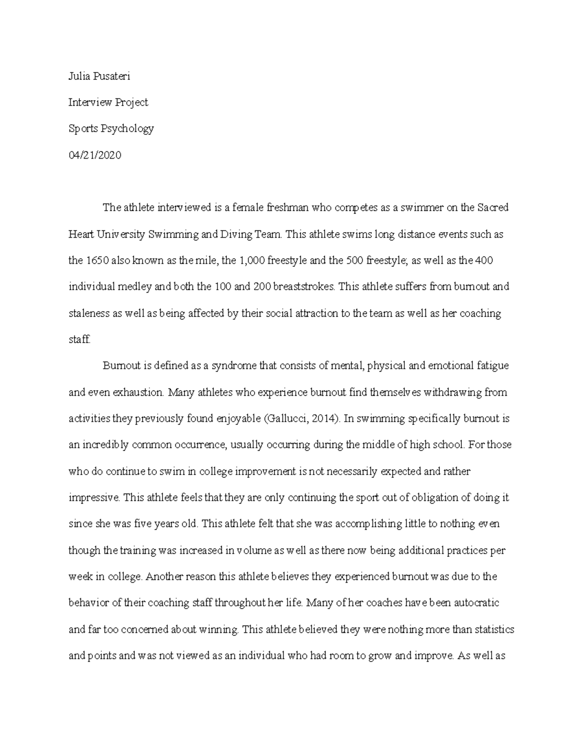 Athlete Interview - Julia Pusateri Interview Project Sports Psychology ...