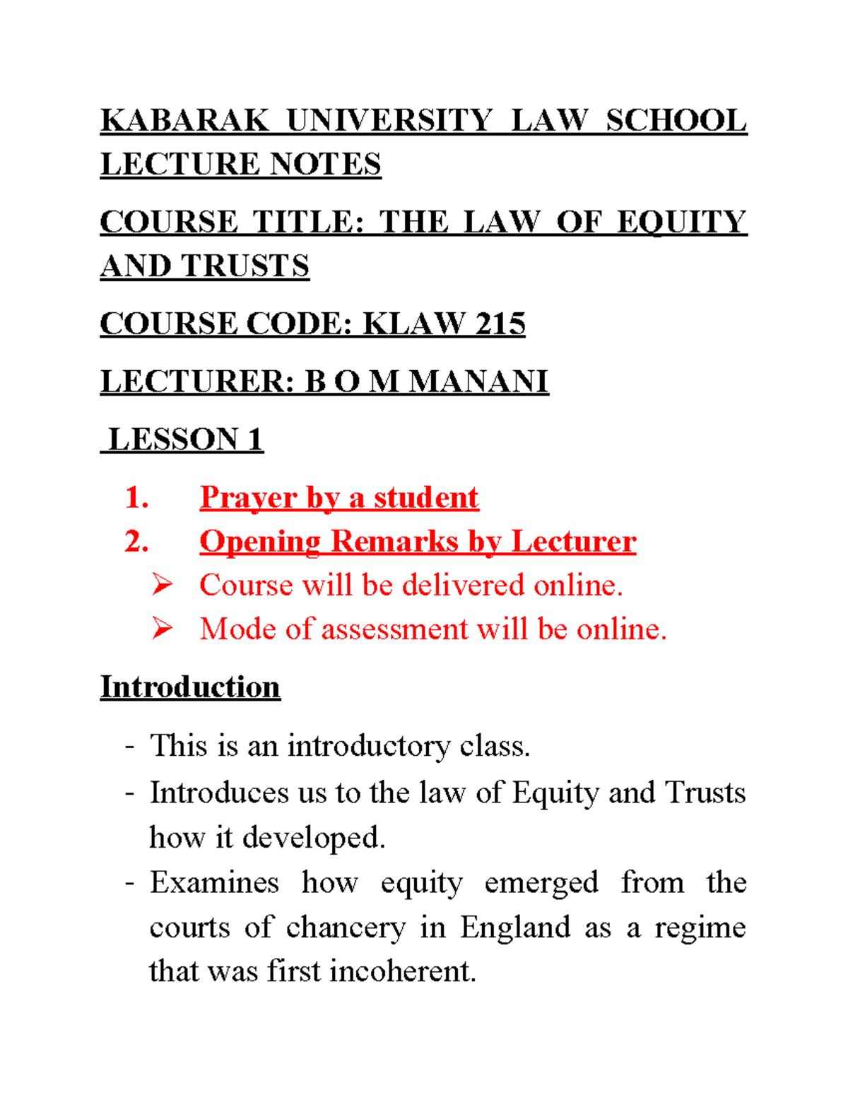 Lesson 1 Lecture Notes Kabarak University Law School Lecture Notes