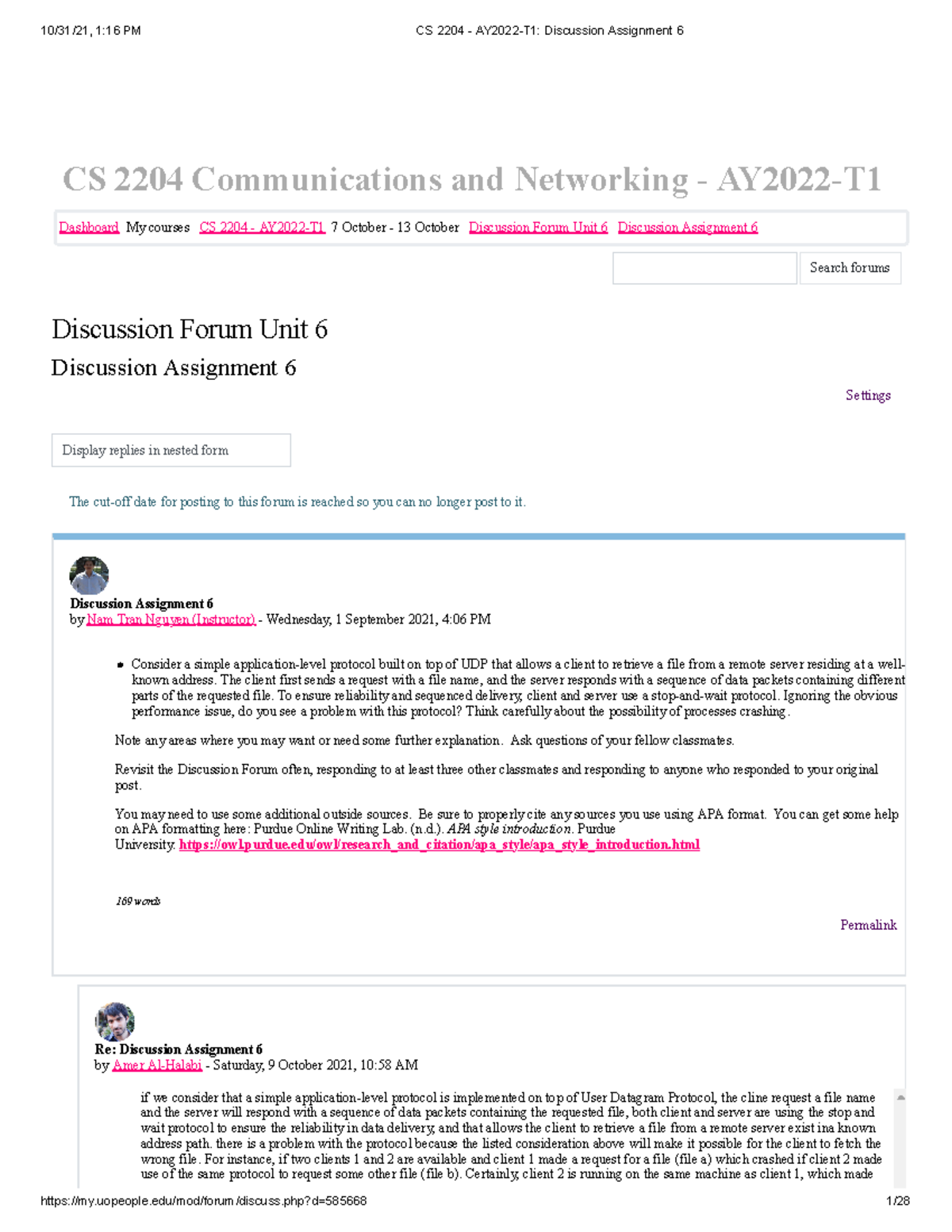 CS 2204 - AY2022-T1 Discussion Assignment 6 - CS 2204 Communications and Networking - AY2022-T ...