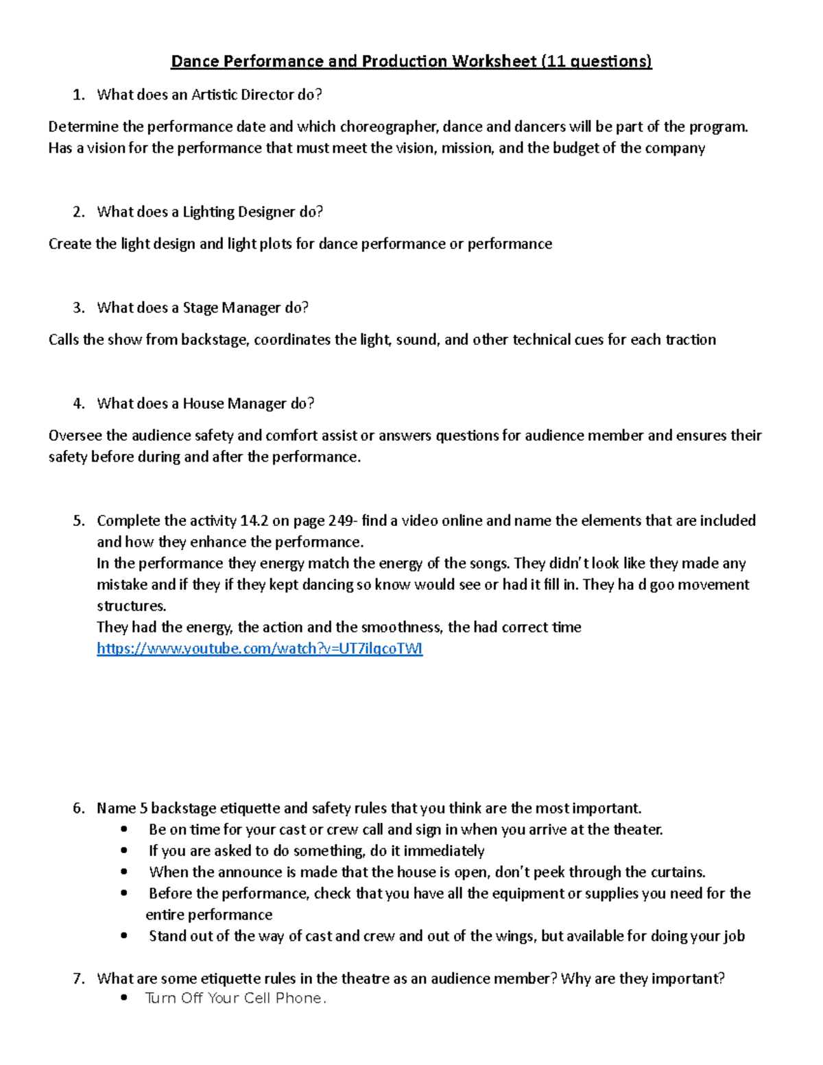 Dance Performance and Production Worksheet - Has a vision for the ...