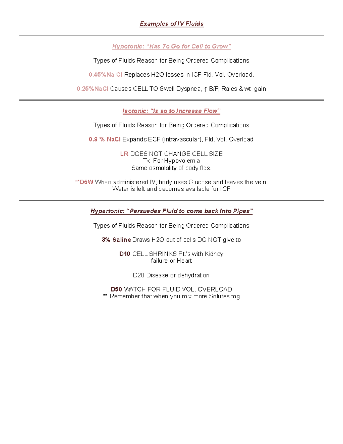 IVFs - IVF - Examples of IV Fluids Hypotonic: “Has To Go for Cell to ...