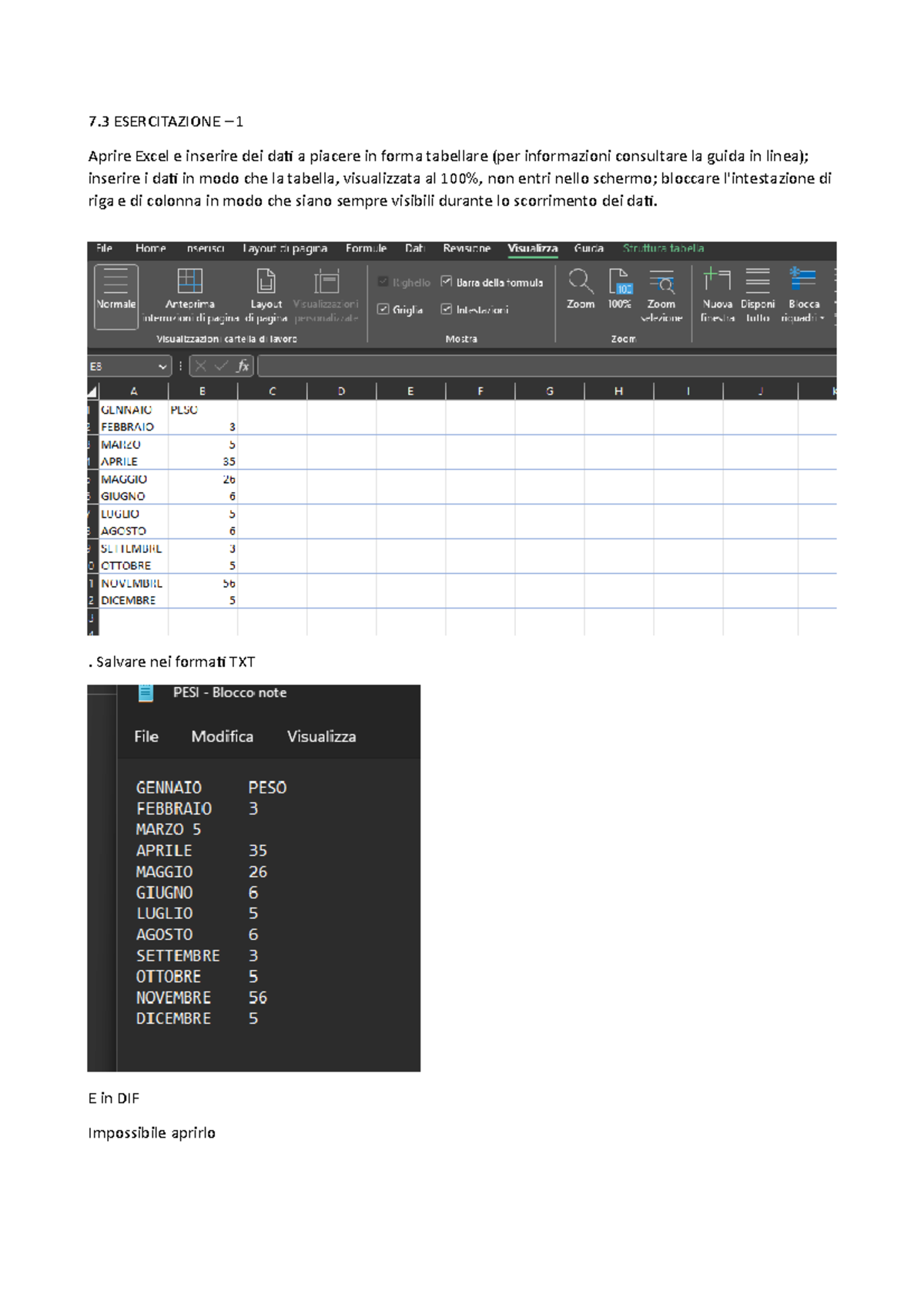 7.3 Esercitazione - 7 ESERCITAZIONE – 1 Aprire Excel e inserire dei dati a piacere in forma ...