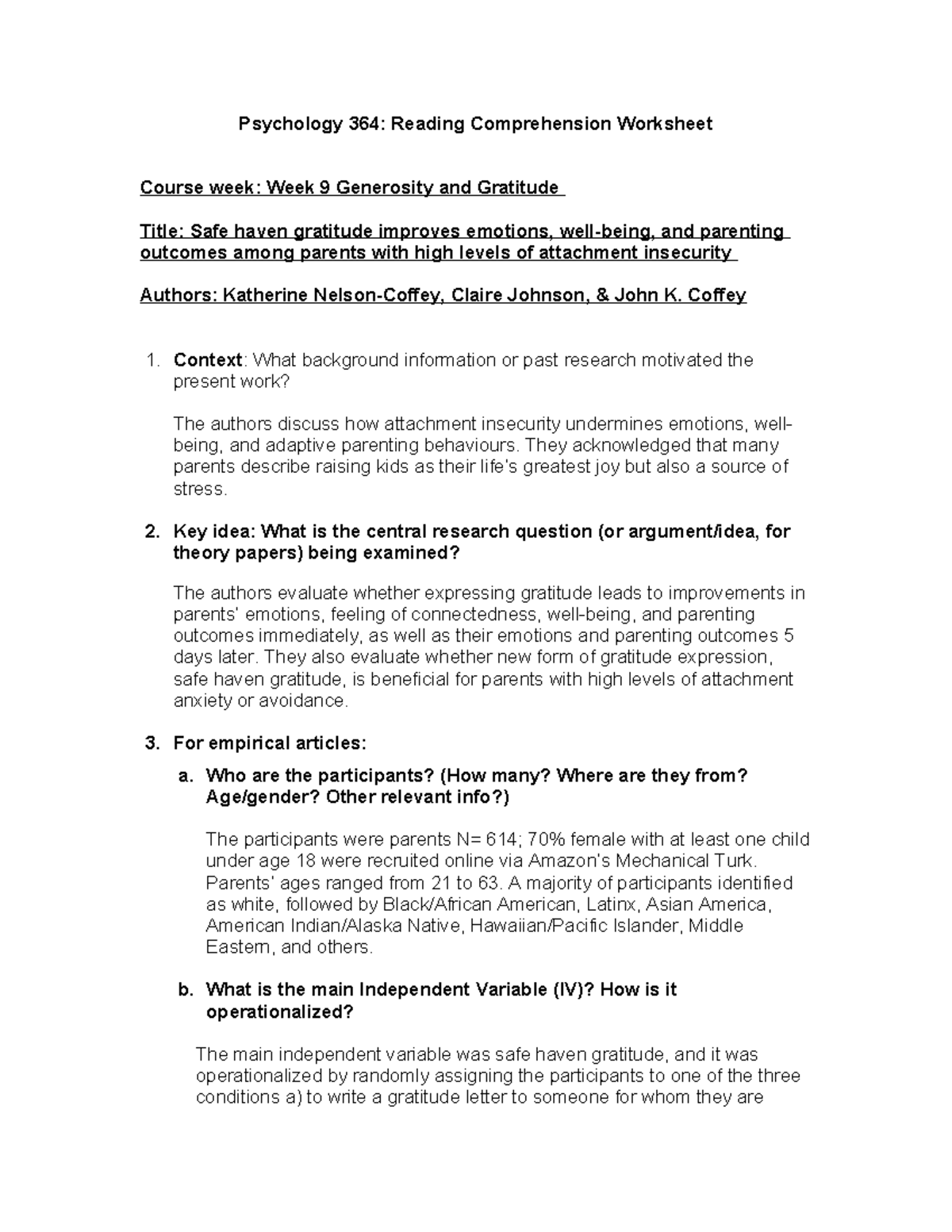 Reading Comprehension Worksheet Week 9 - Psychology 364: Reading ...