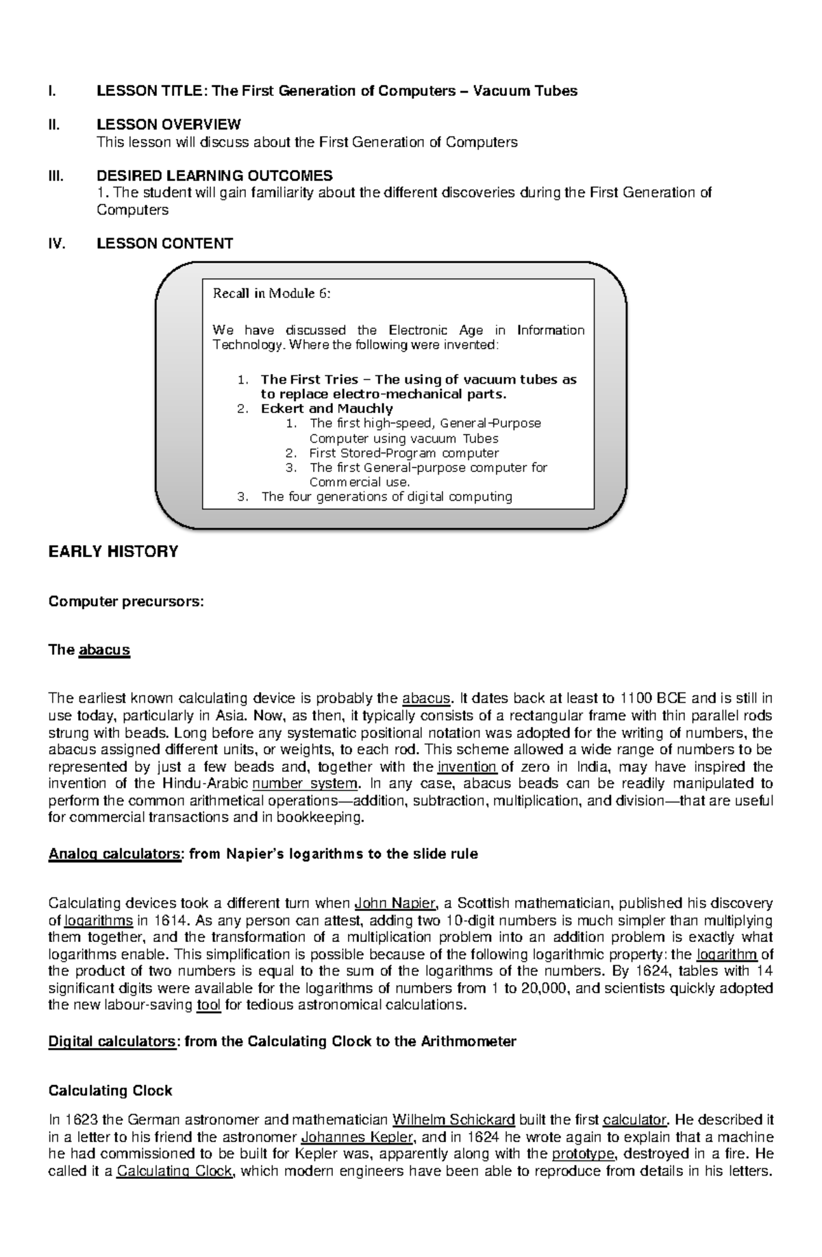 The First Generation of Computers – Vacuum Tubes - I. LESSON TITLE: The ...