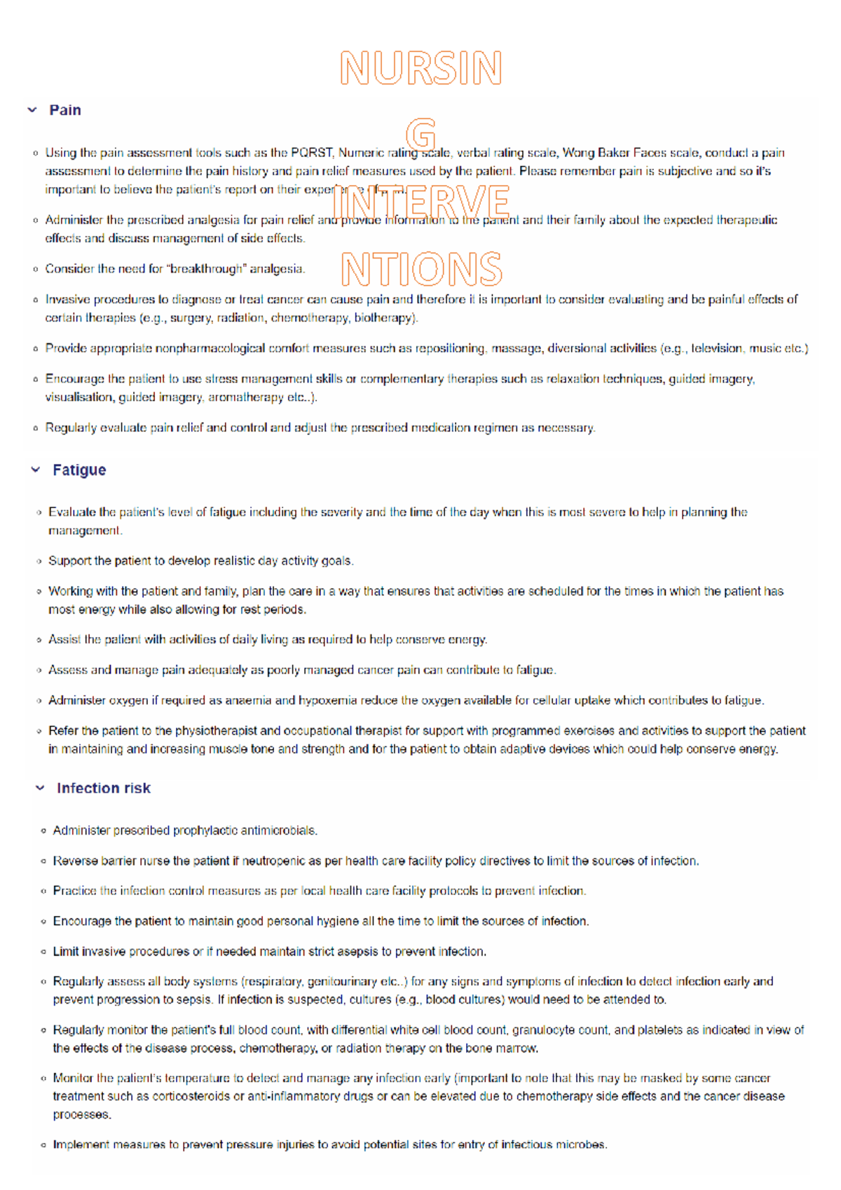 Cancer Nursing Interventions - NRS 211 - NURSIN G INTERVE NTIONS - Studocu