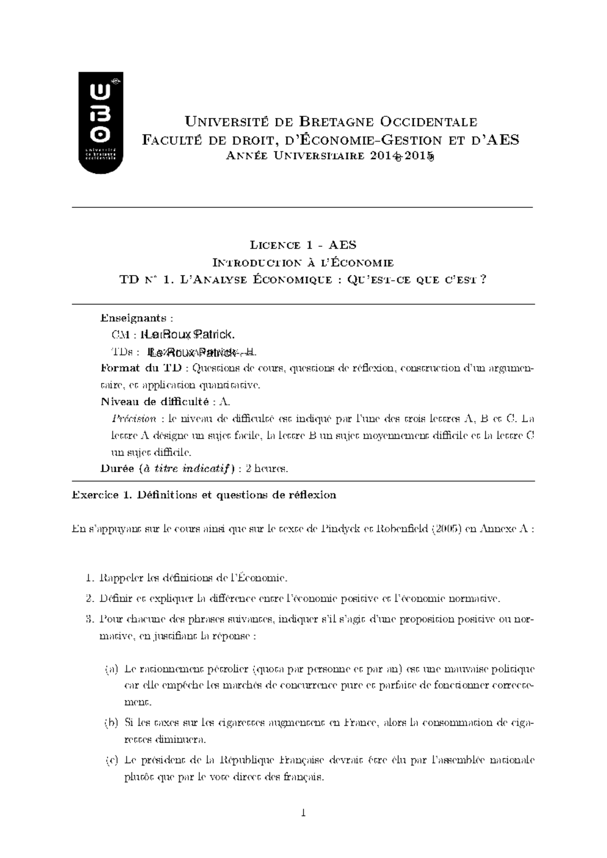 Cahier des TD IE L1 AES UBO 2018-2019 V2 - Université de Bretagne Occidentale Faculté de droit ...