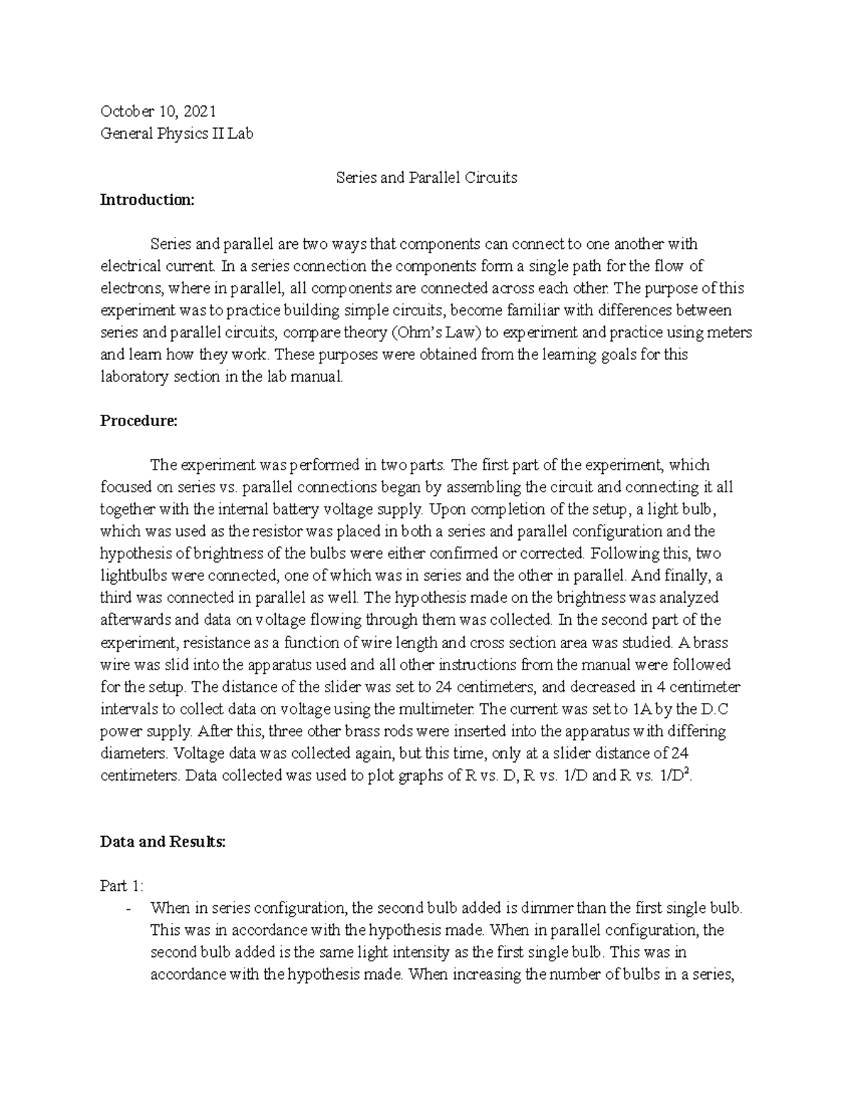 Lab 5 - Physics 2 - October 10, 2021 General Physics II Lab Series and Parallel Circuits - Studocu