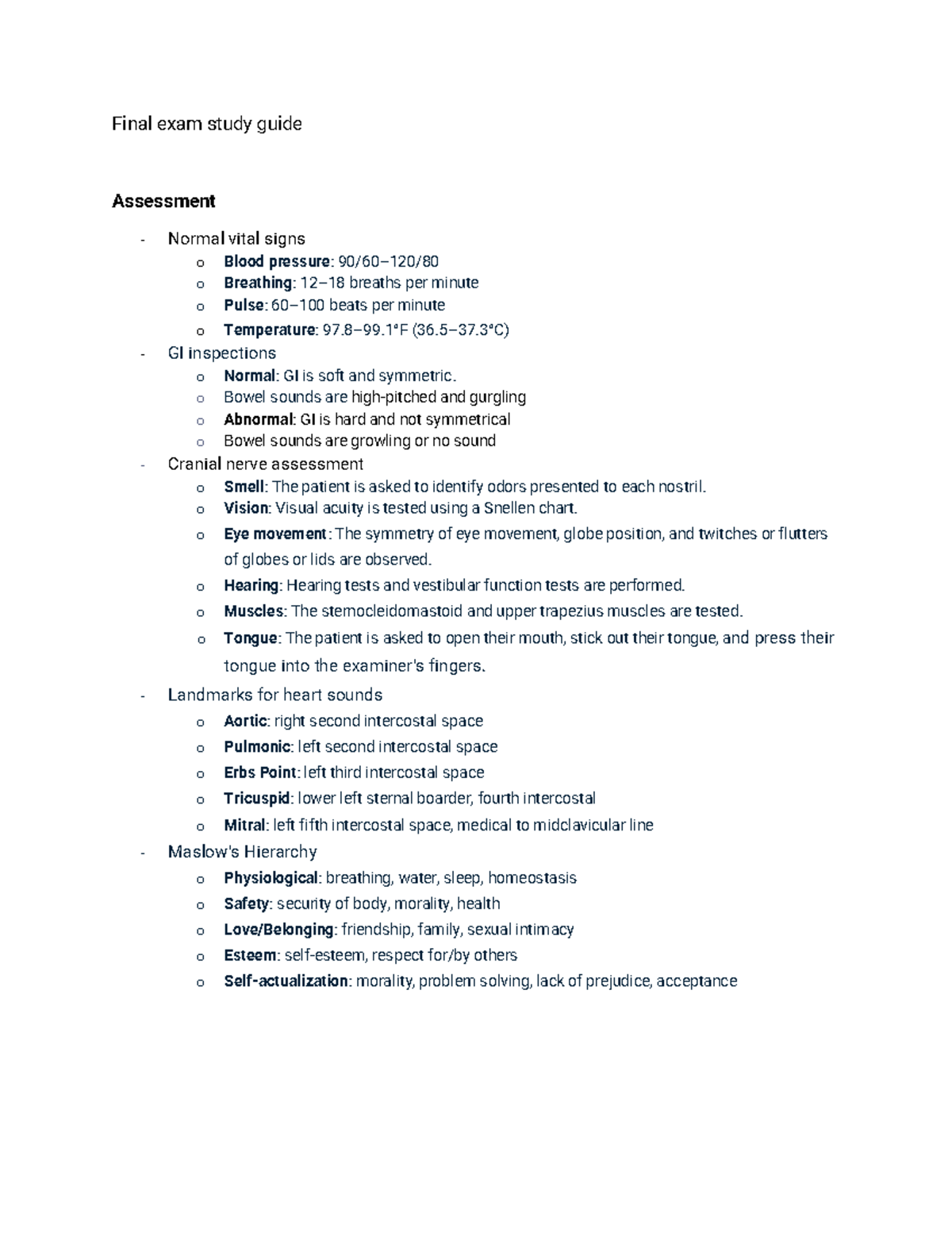 NP1 final exam study guide - Final exam study guide Assessment - Normal ...