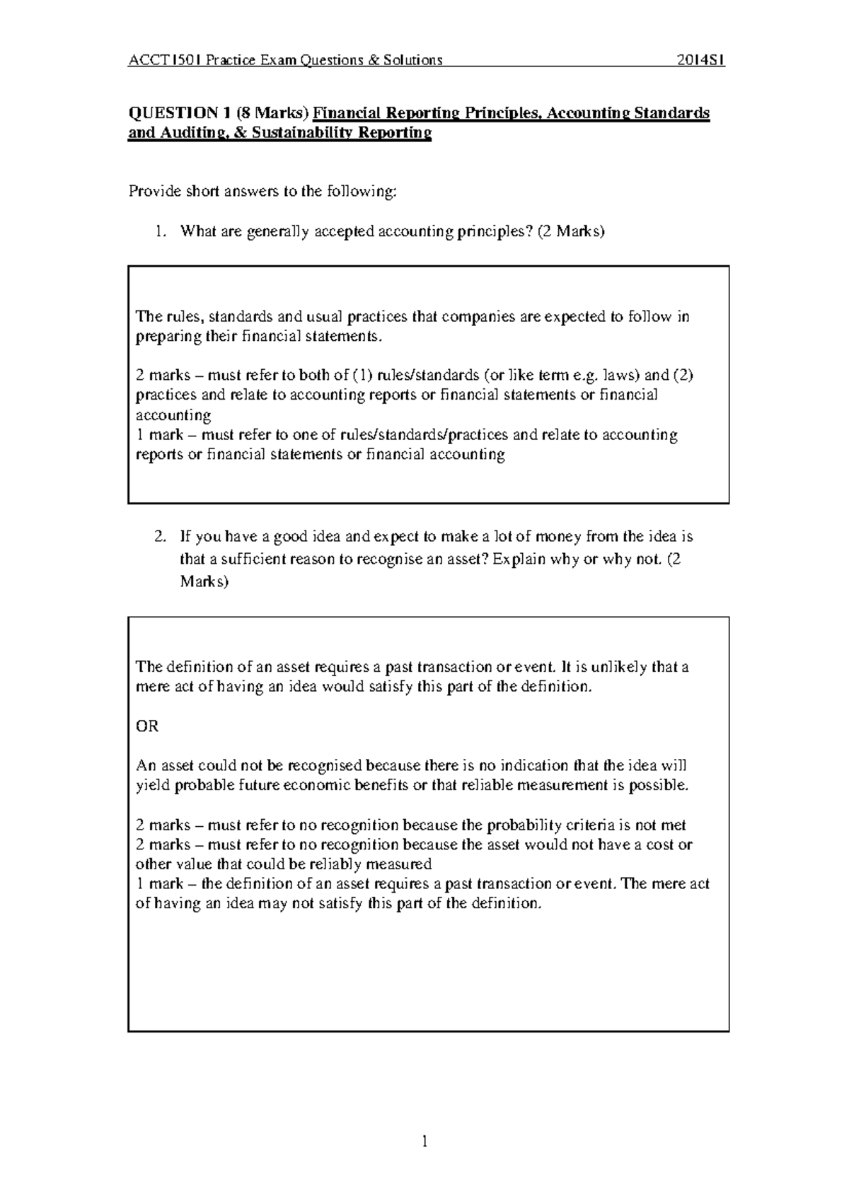 Exam 2014, Questions and answers - S1 - QUESTION 1 (8 Marks) Financial Reporting Principles ...