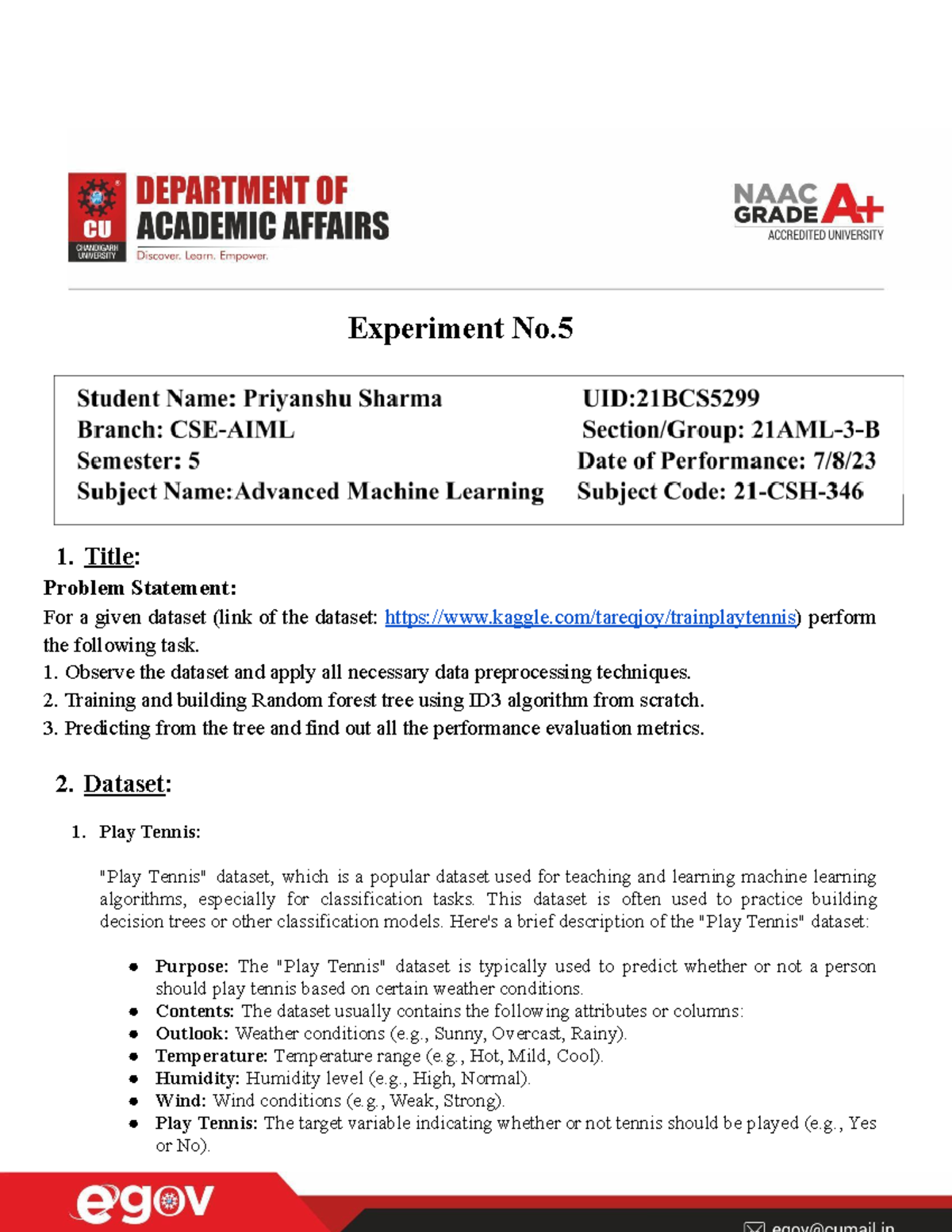 AML exp-5 experiment for advanced machine learning - Experiment No. 1. Title: Problem Statement ...