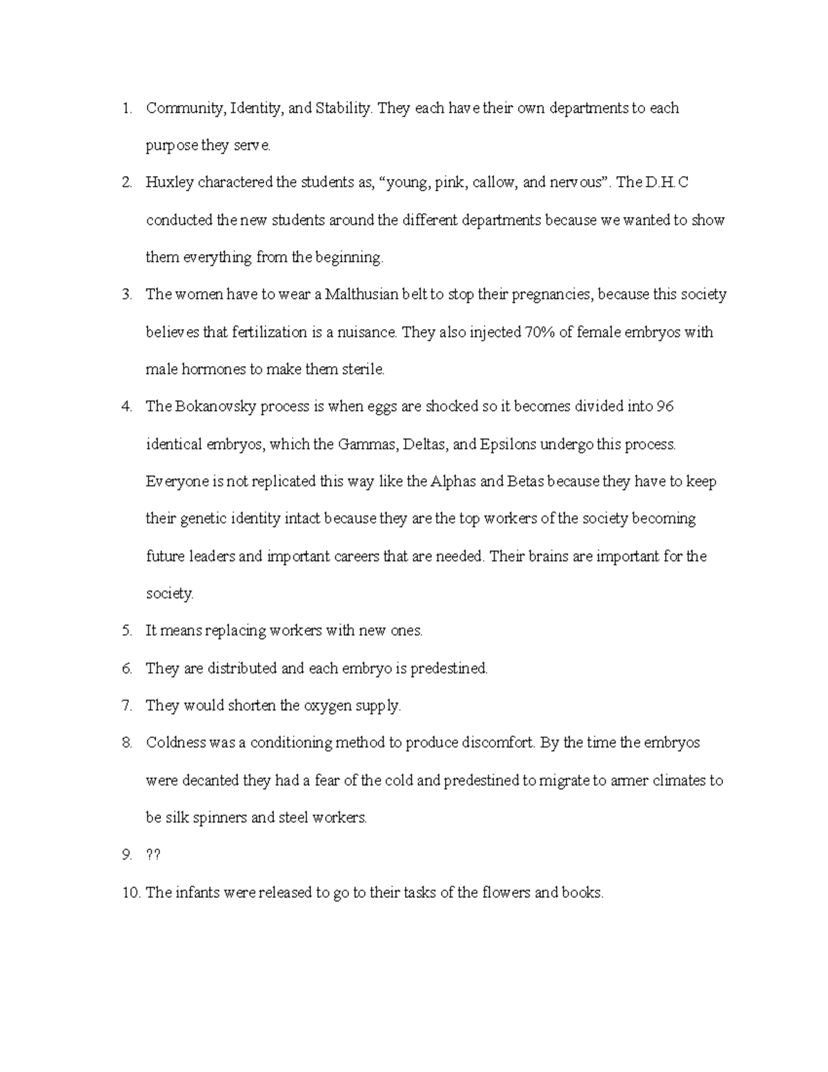 BNWChapters 1to3 - BNW Analysis Questions - Community, Identity, and ...