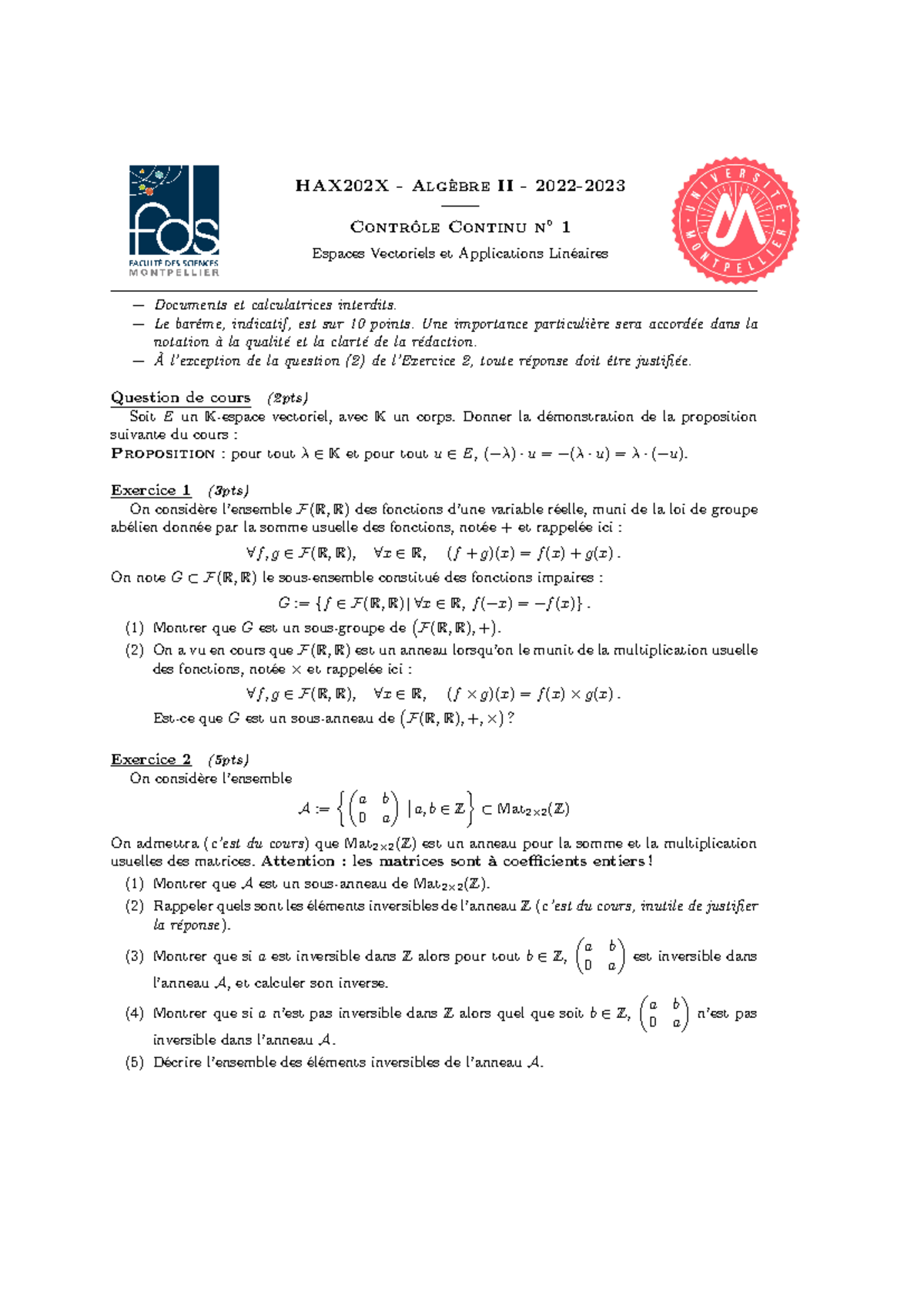 2023-CC1-HAX202X - HAX202X - Algèbre II - 2022- —— Contrôle Continu n 1 Espaces Vectoriels et ...