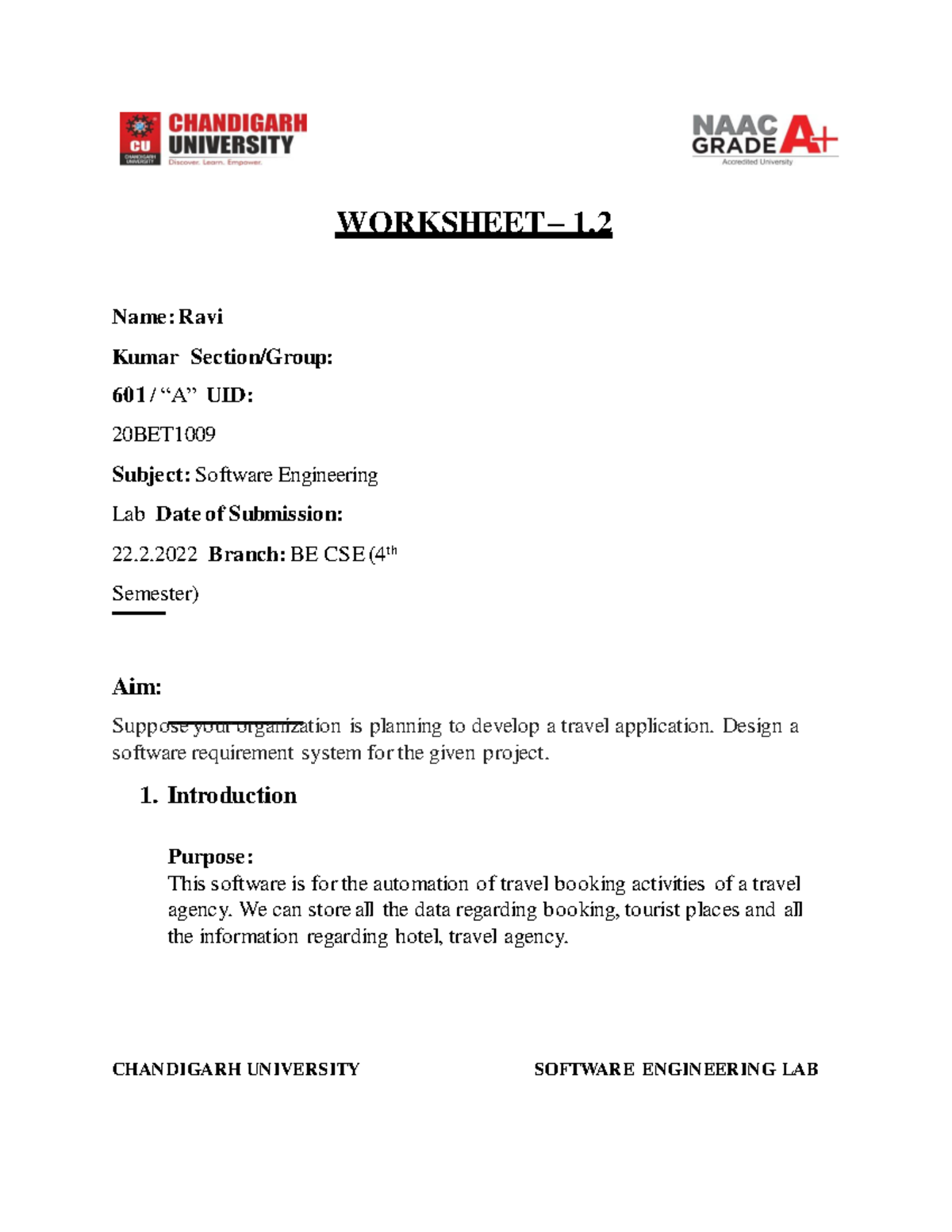 Experiment 1.2 Q 2 - Software Engineering Lab Worksheet - WORKSHEET – 1. Name: Ravi Kumar - Studocu