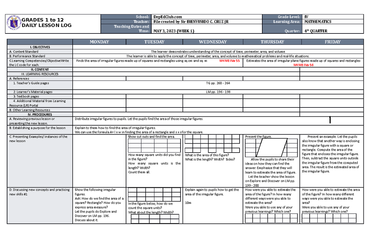 DLL Mathematics 4 Q4 W1 day 2 - GRADES 1 to 12 DAILY LESSON LOG School ...
