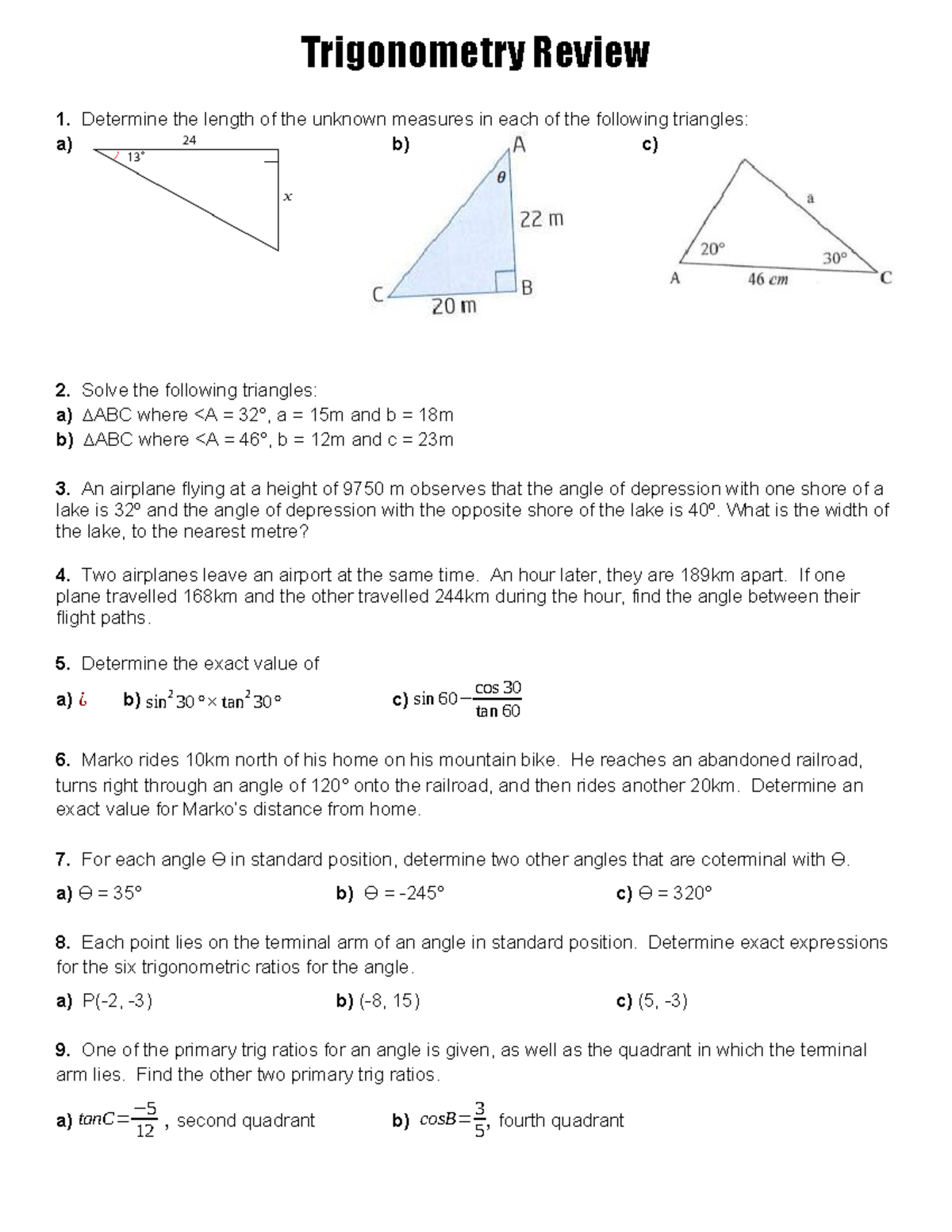 Trigonometry Review - Trigonometry Review Determine the length of the ...