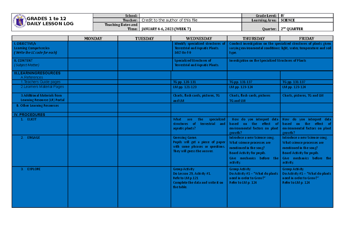 DLL Science 4 Q2 W7 - FOR REFERENCE - GRADES 1 to 12 DAILY LESSON LOG ...