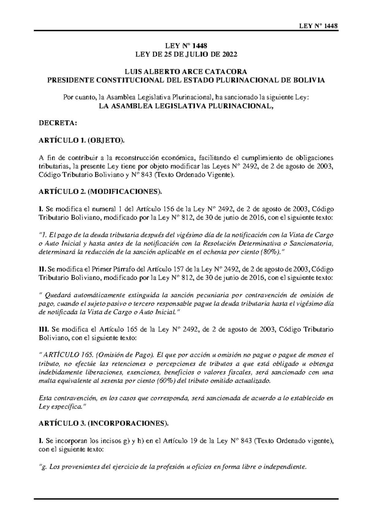 Ley 1448 - Apuntes - LEY N° 1448 LEY N° 1448 LEY DE 25 DE JULIO DE 2022 ...