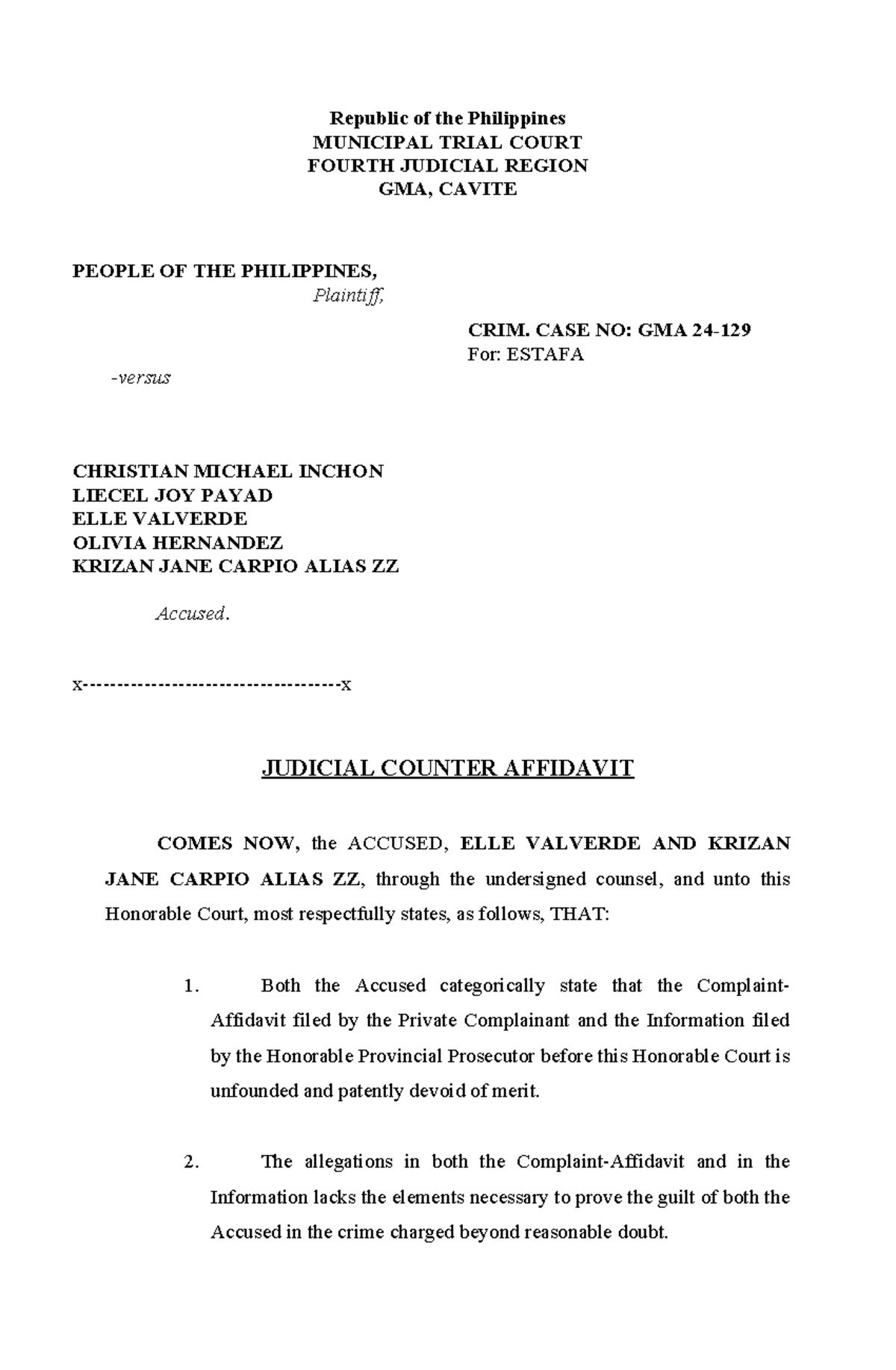 Judicial Counter-Carmona - Republic of the Philippines MUNICIPAL TRIAL ...