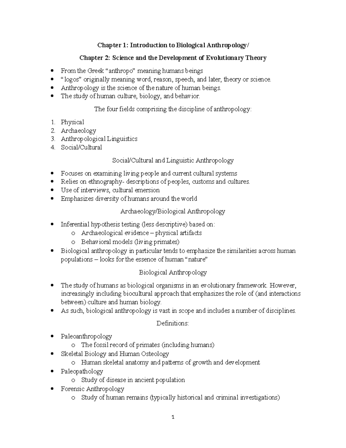 ANTH 201 Notes - Chapter 1: Introduction to Biological Anthropology ...