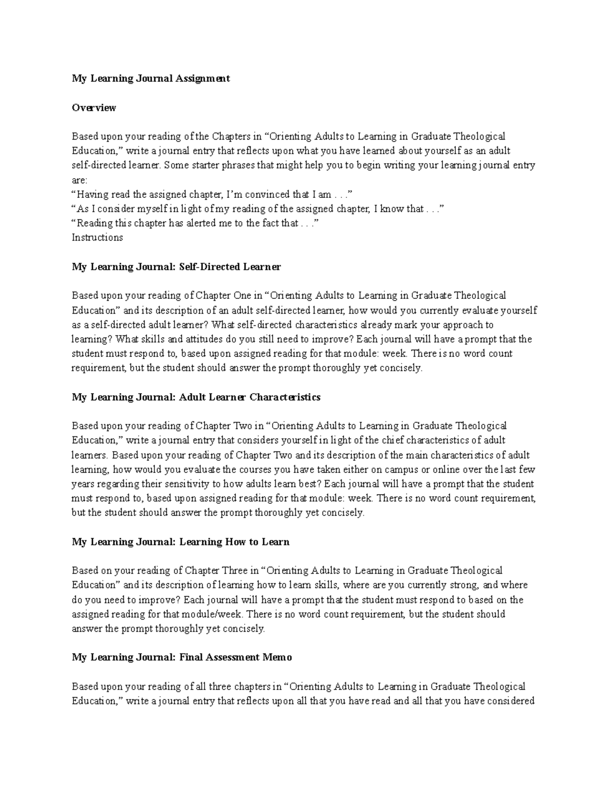 Instructions - My learning Jounal Assignment - My Learning Journal ...