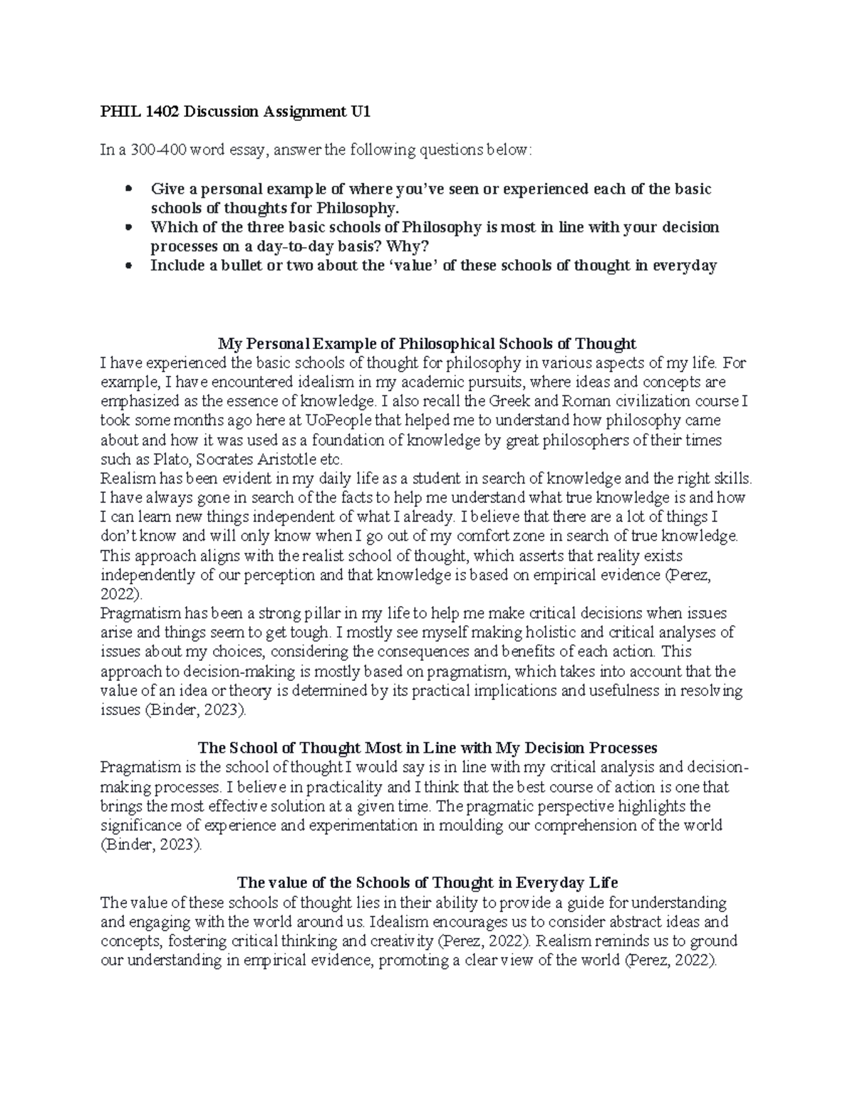 PHIL 1402 Discussion Assignment U1 - Which of the three basic schools ...