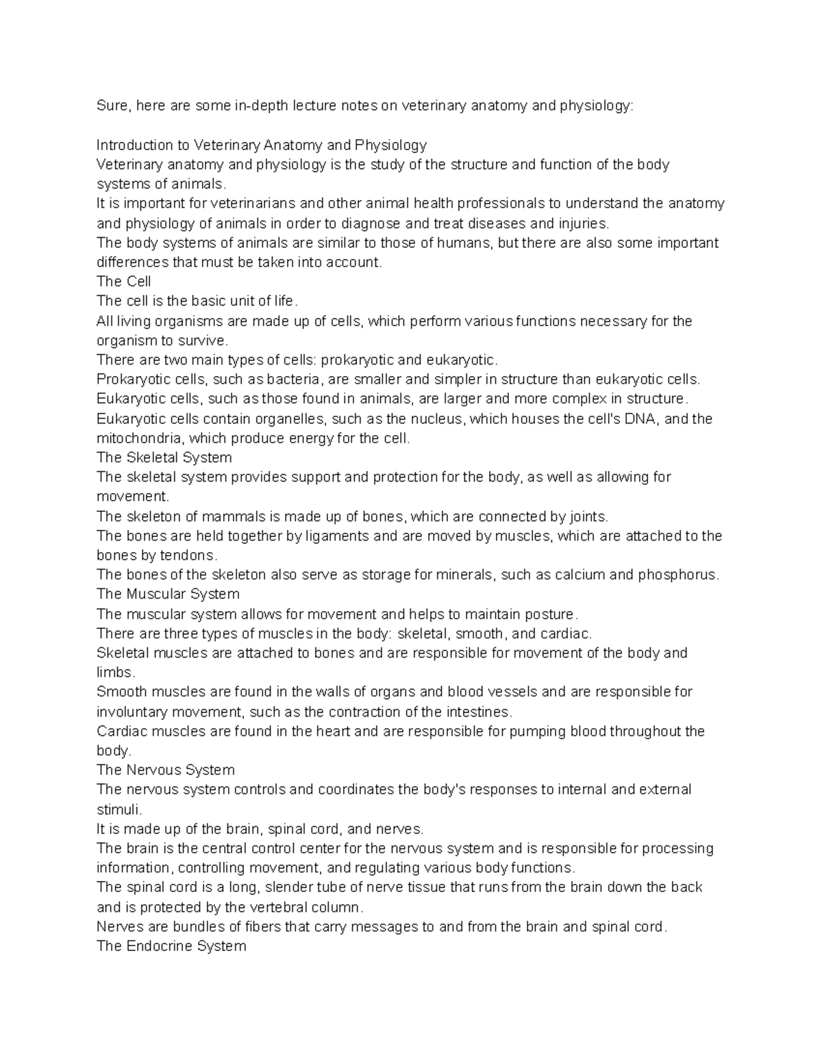 Vetinary anatomy and phyiscology - Sure, here are some in-depth lecture ...