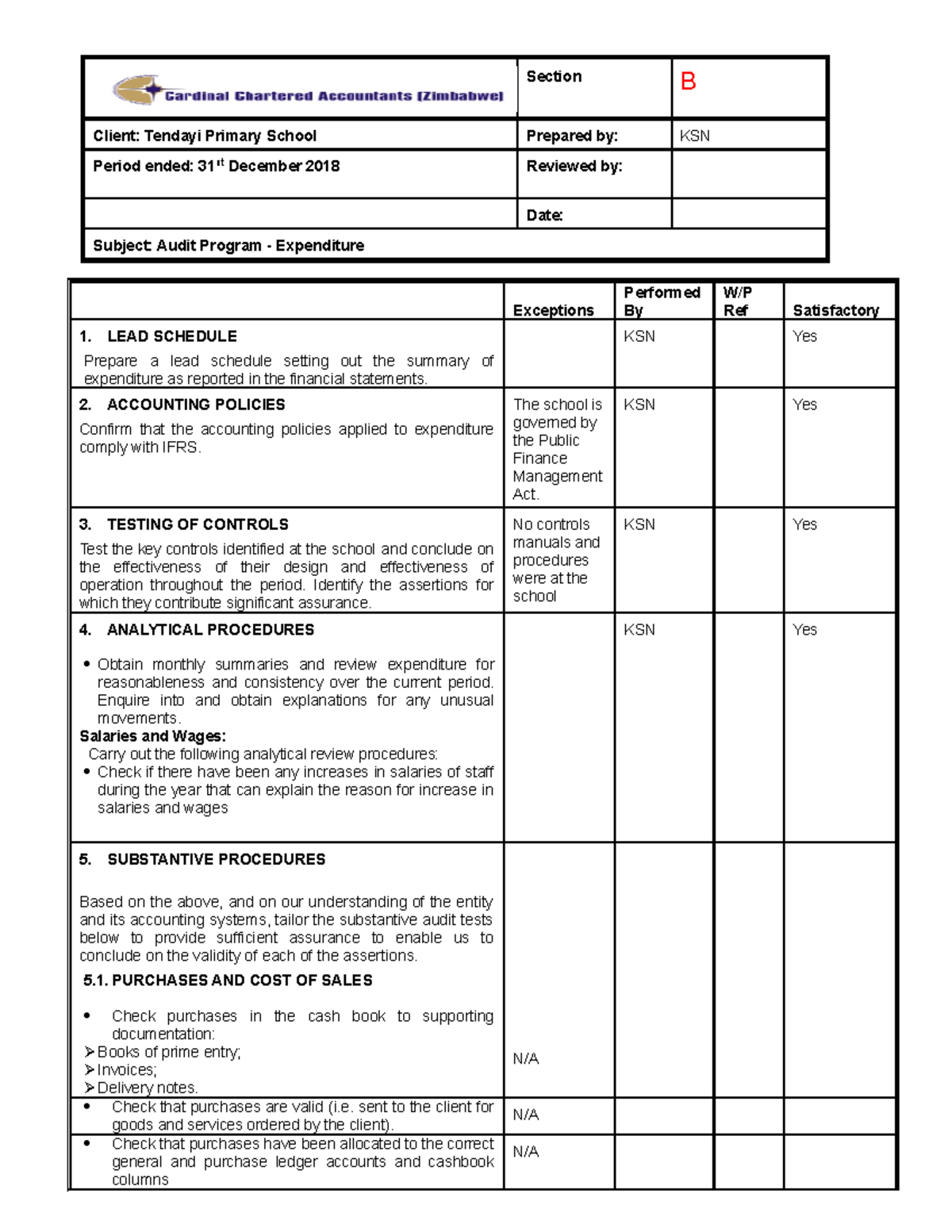 Expenditure (Expenses) Program - Audit Programs - B Client: Tendayi ...