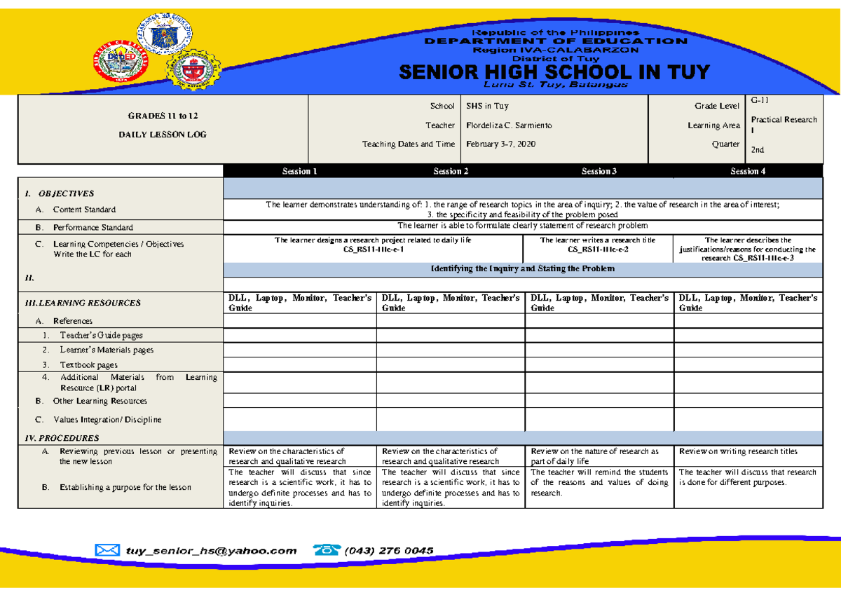 Document - useful for discussion - GRADES 11 to 12 DAILY LESSON LOG ...