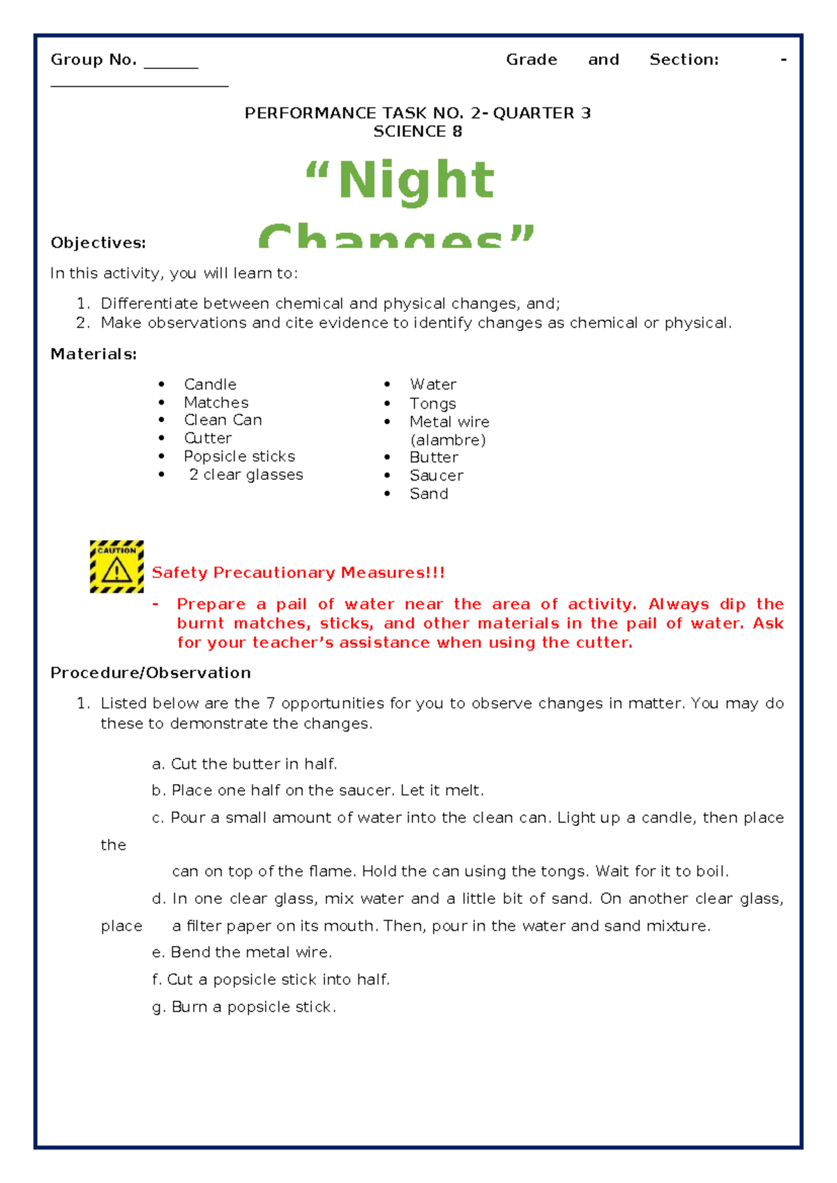 Labsheet ADV-CHEM - lab sheet in physical and chemical change for grade ...