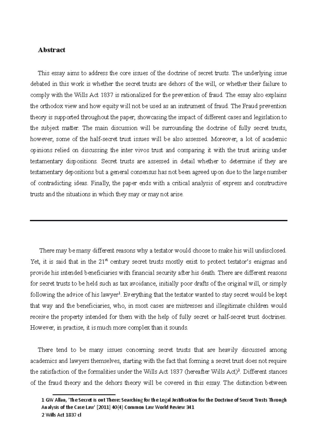 Secret Trust Assignment - Abstract This essay aims to address the core ...