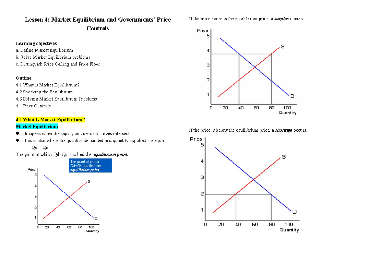 Lesson 4 Managerial Economics - Lesson 4: Market Equilibrium and ...