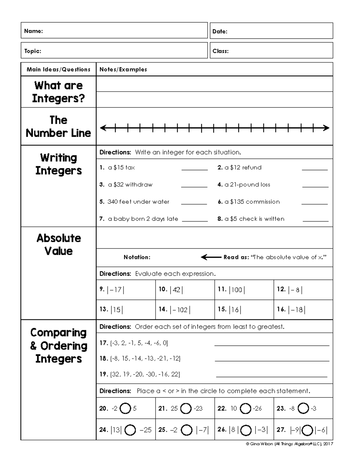 Integer Review - nuts - Main Ideas/Questions Notes/Examples What are ...