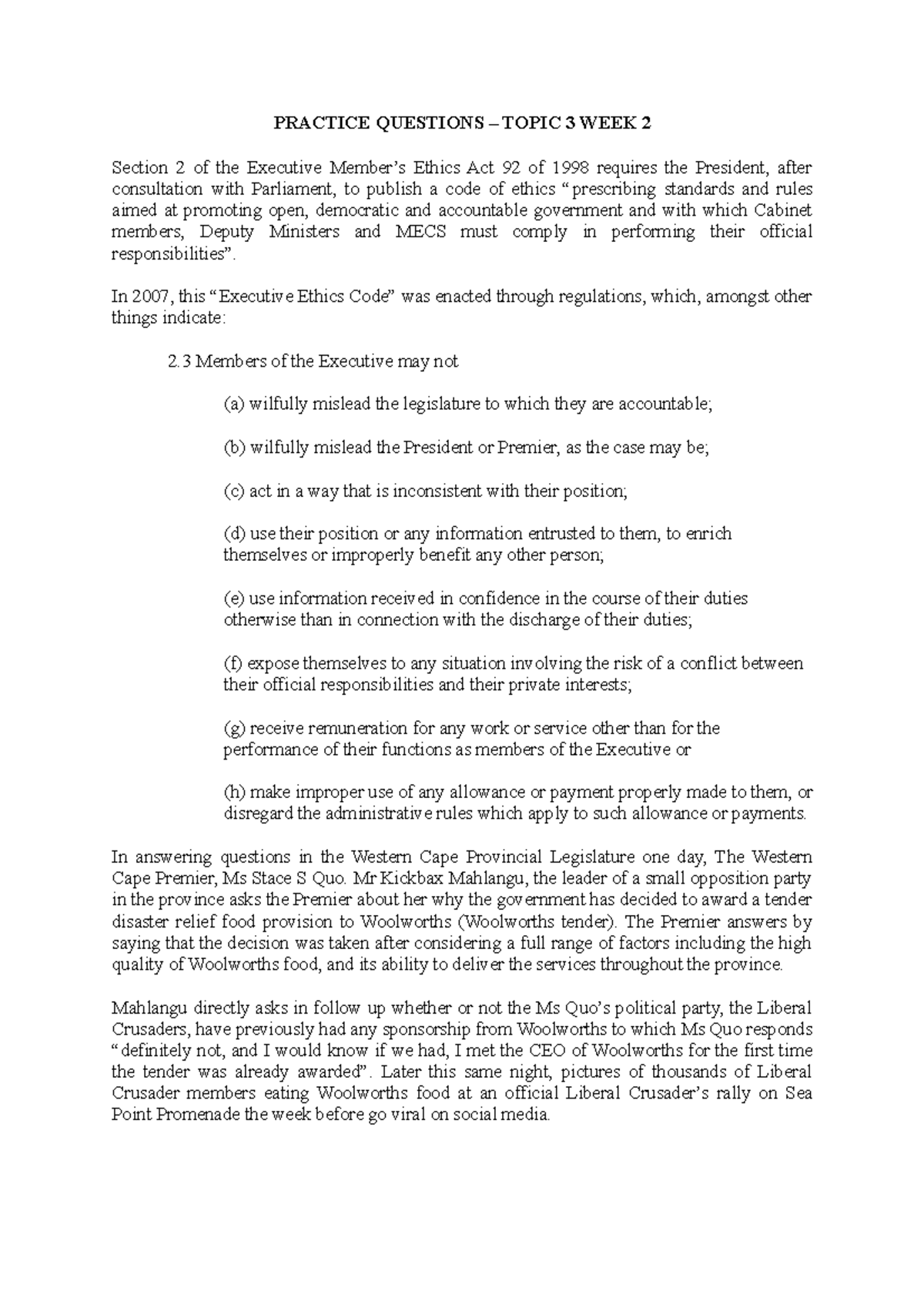 Topic 3 Part 2 - Practice Qs - PRACTICE QUESTIONS – TOPIC 3 WEEK 2 Section 2 of the Executive ...