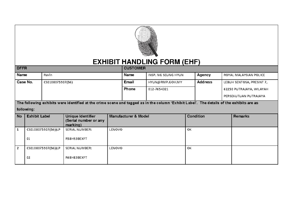 EHF CS01080759 CS0105374 - EXHIBIT HANDLING FORM (EHF) DFFR CUSTOMER ...