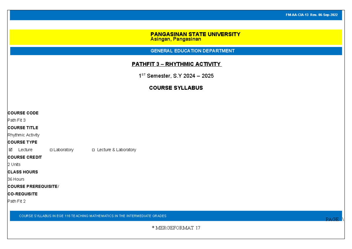 PAthfit 3 syllabus 1st sem 2024-2025 - COURSE SYLLABUS IN EGE 116 TEACHING MATHEMATICS IN THE ...