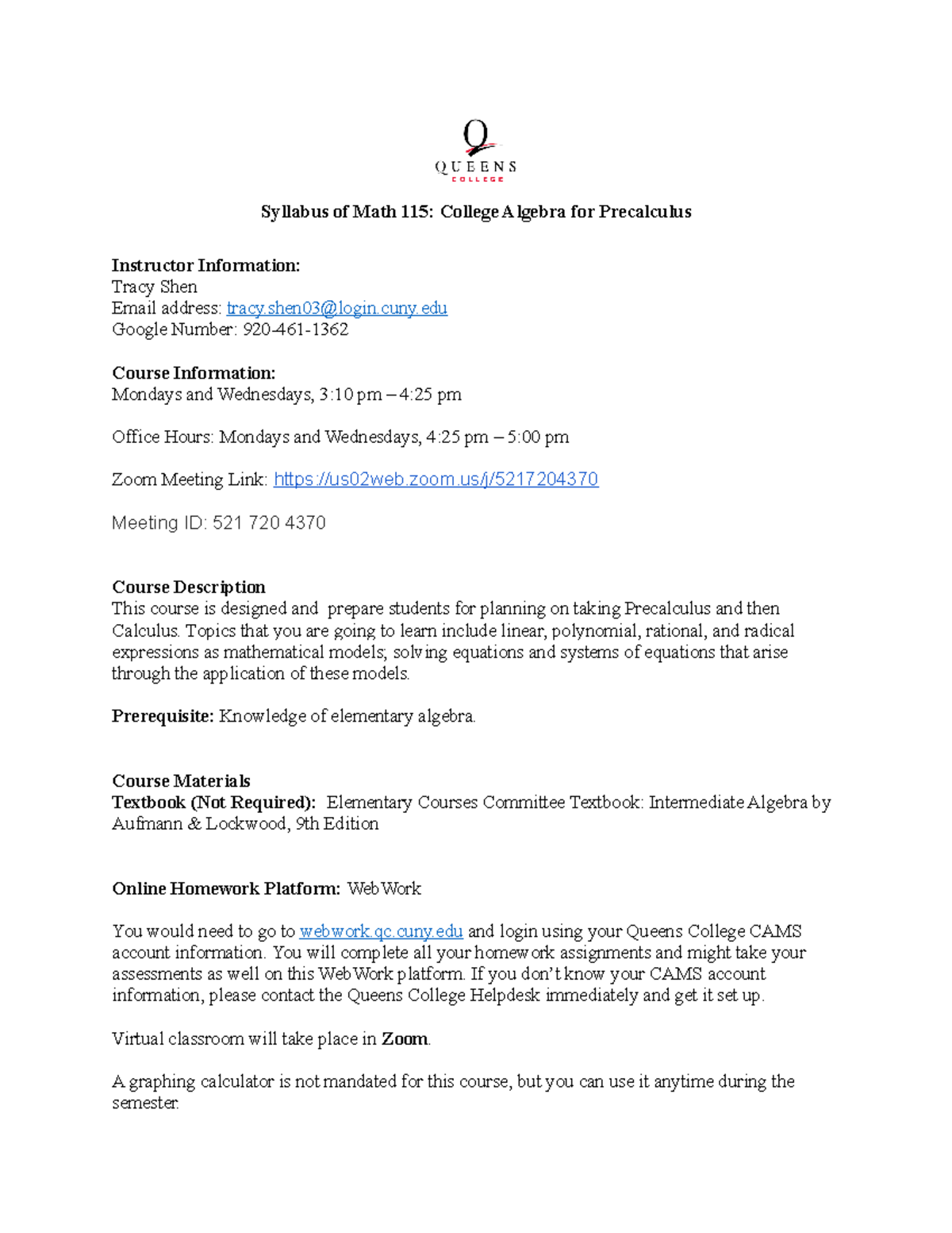 Syllabus Of Math 115 Syllabus Of Math 115 College Algebra For Precalculus Instructor