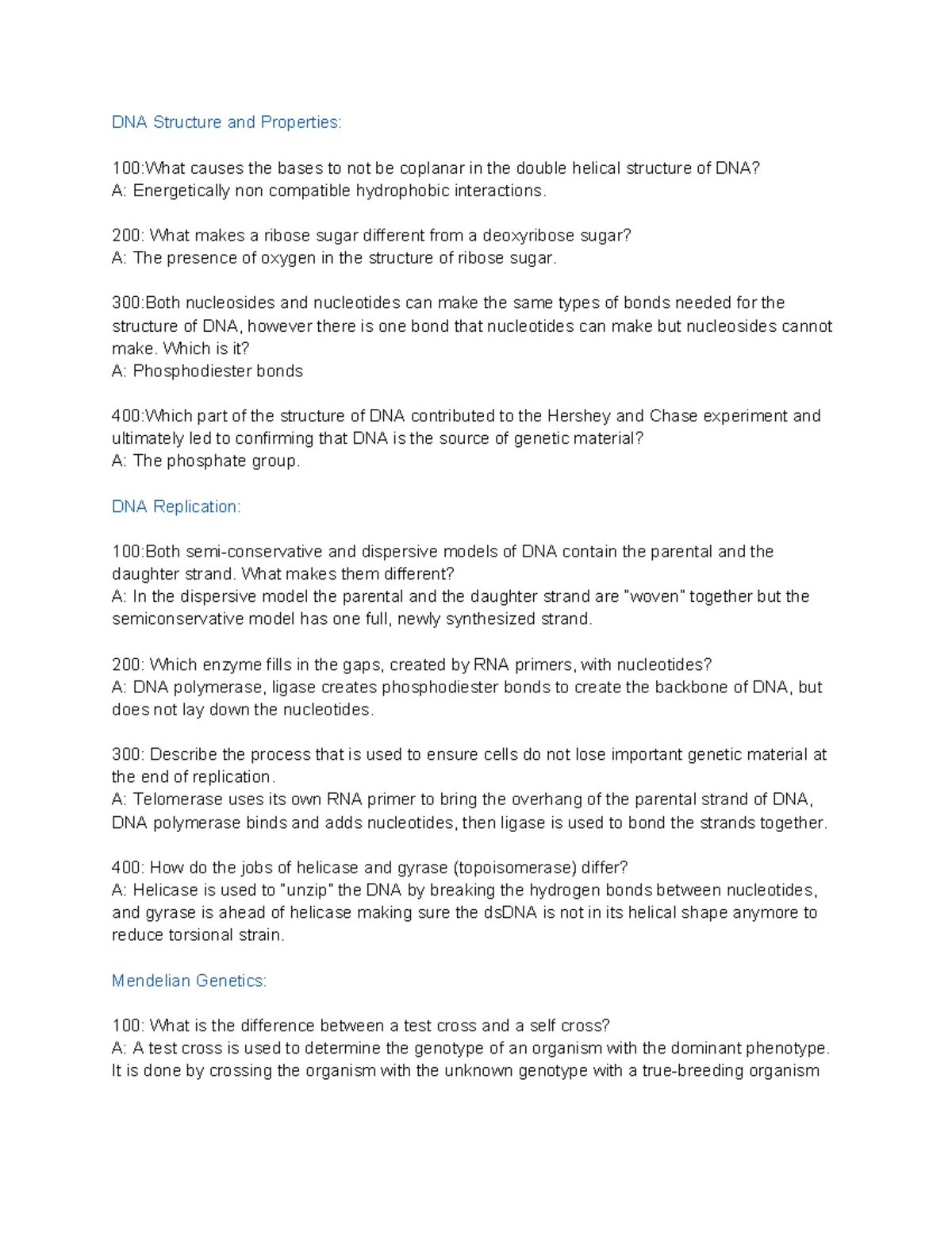 Answer Key for Exam 1 Review - DNA Structure and Properties: 100:What ...