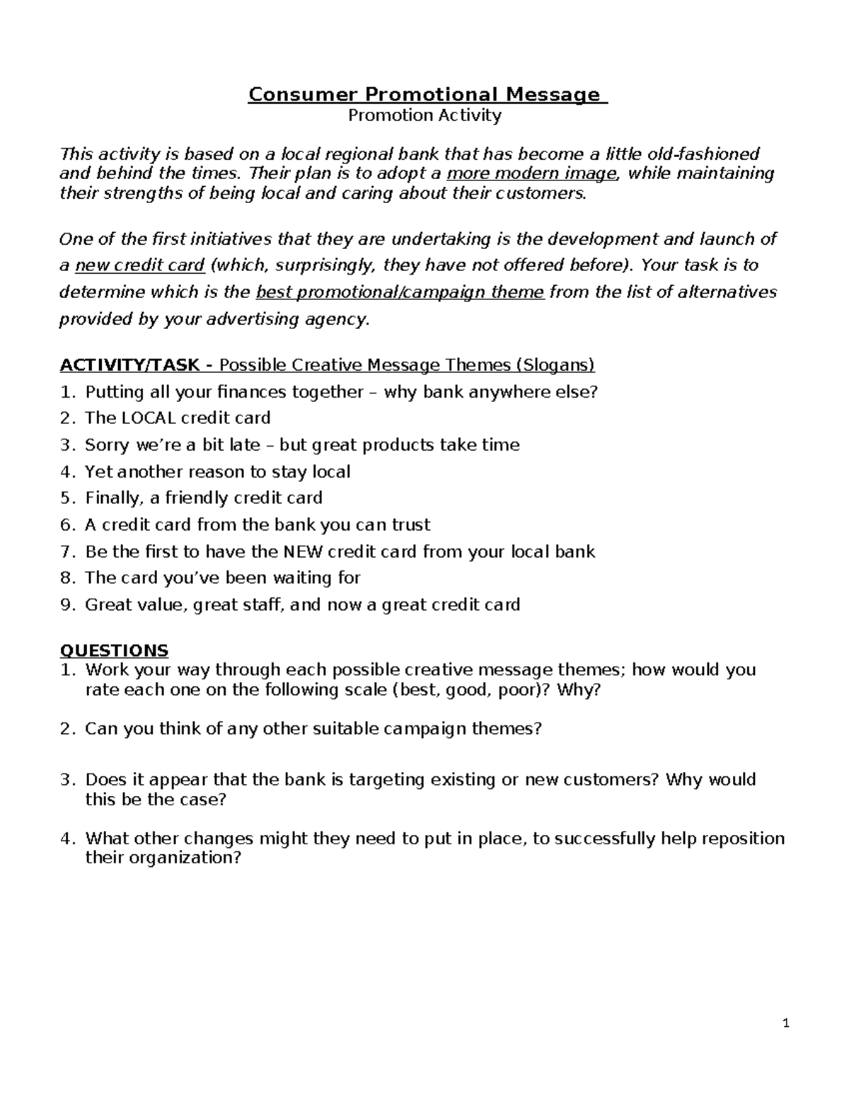 Choosing a Promotional Message Activity 1 - Consumer Promotional ...