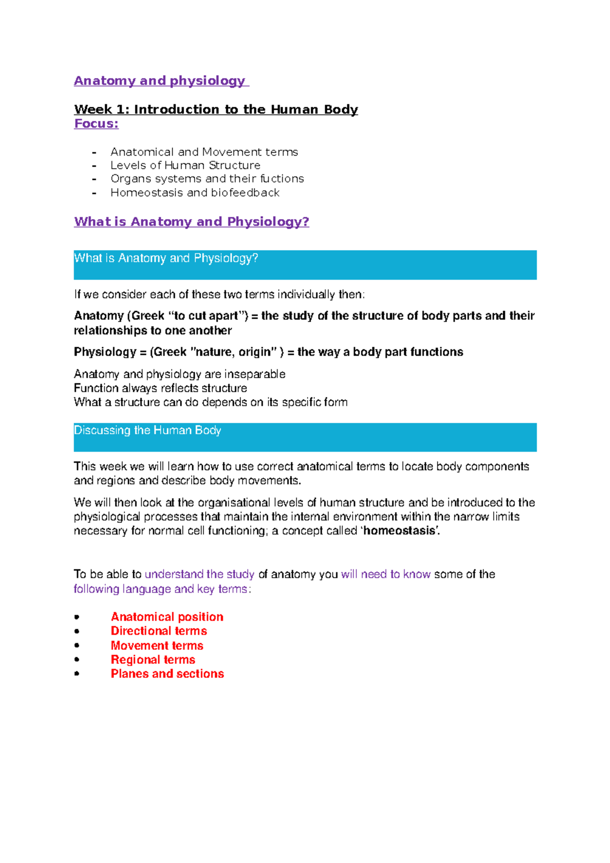 Anatomy and physiology - Anatomy and physiology Week 1: Introduction to ...